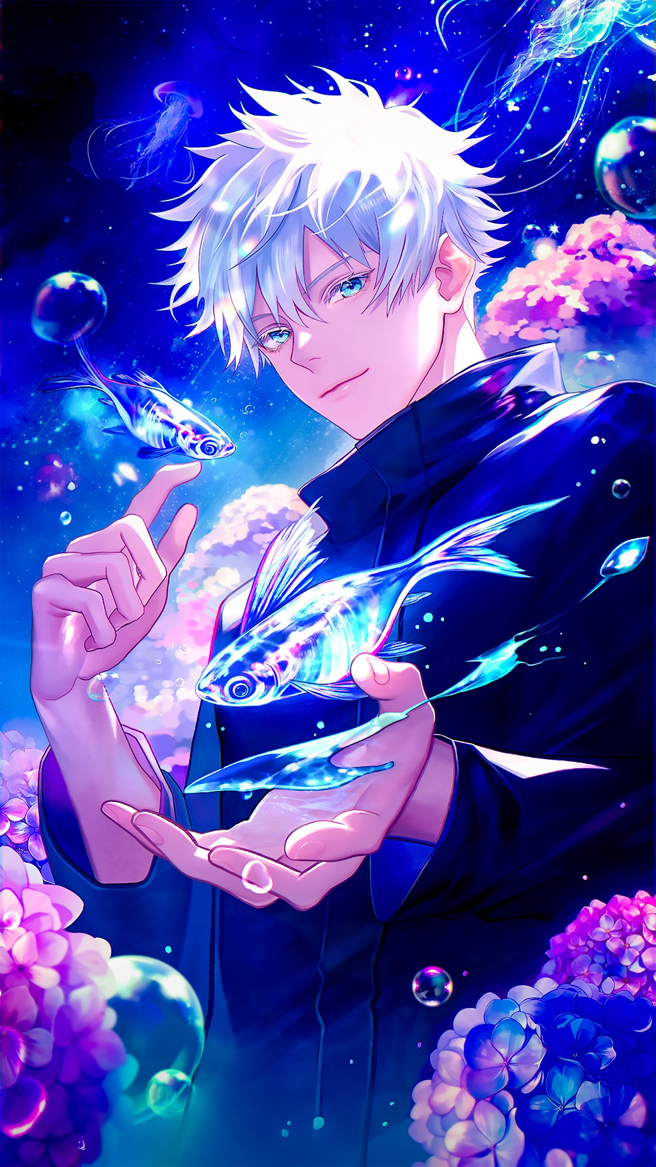 Safebooru - 1boy air bubble black jacket blue eyes bubble closed mouth commentary request fish ...