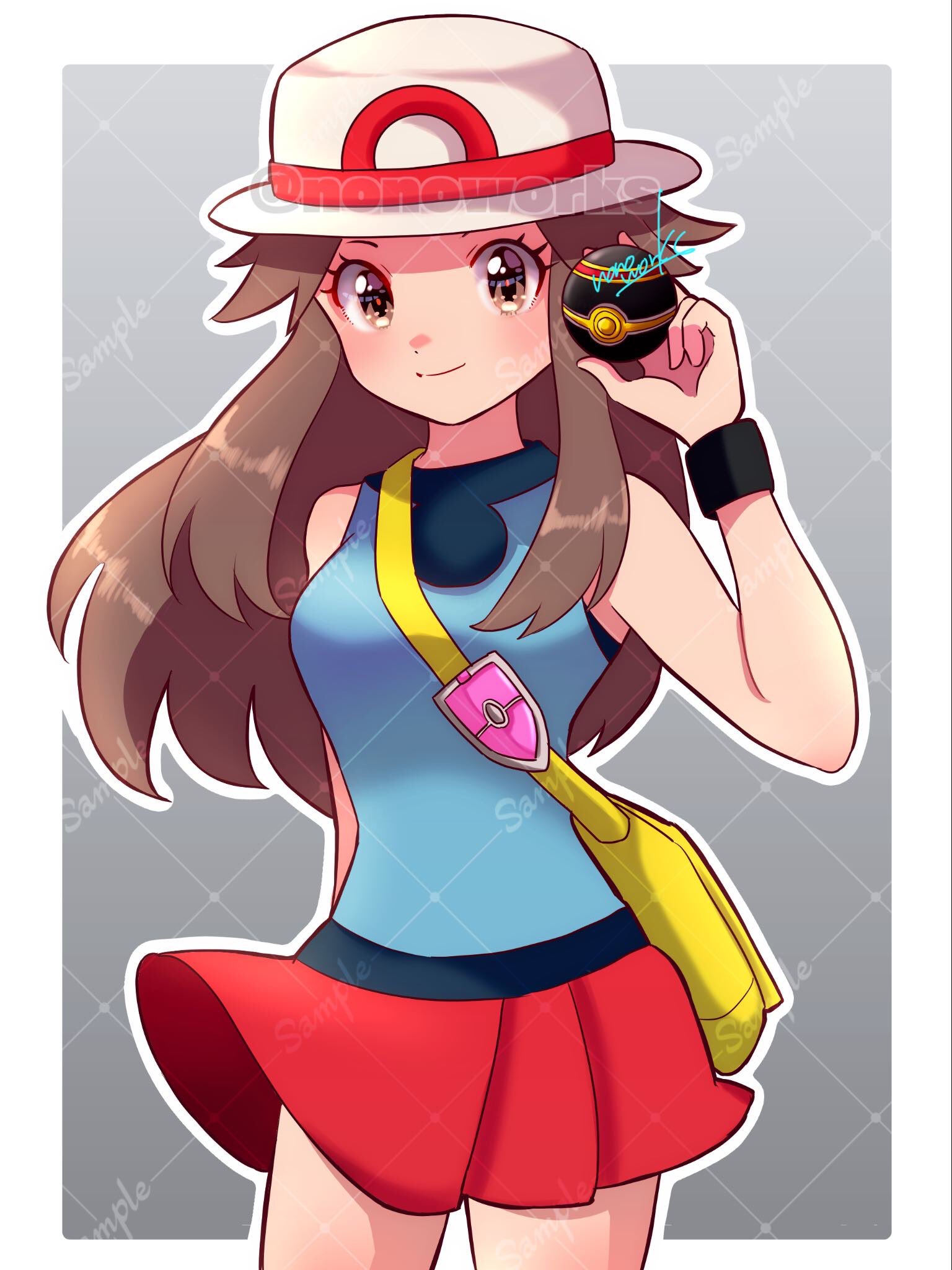 Safebooru - 1girl black wristband blue shirt border breasts brown eyes brown hair bucket hat dot ...