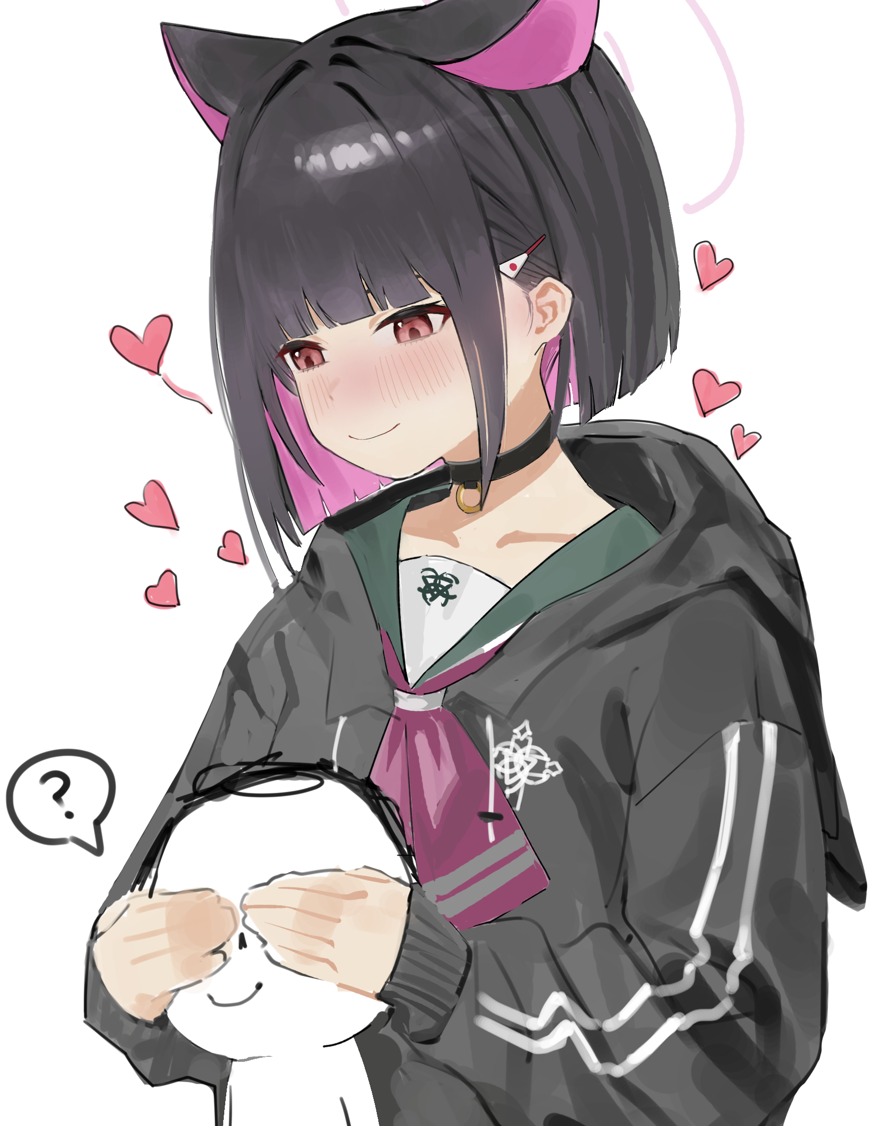 Safebooru - 1boy 1girl ? animal ears black choker black hair black hoodie blue archive blush cat ...
