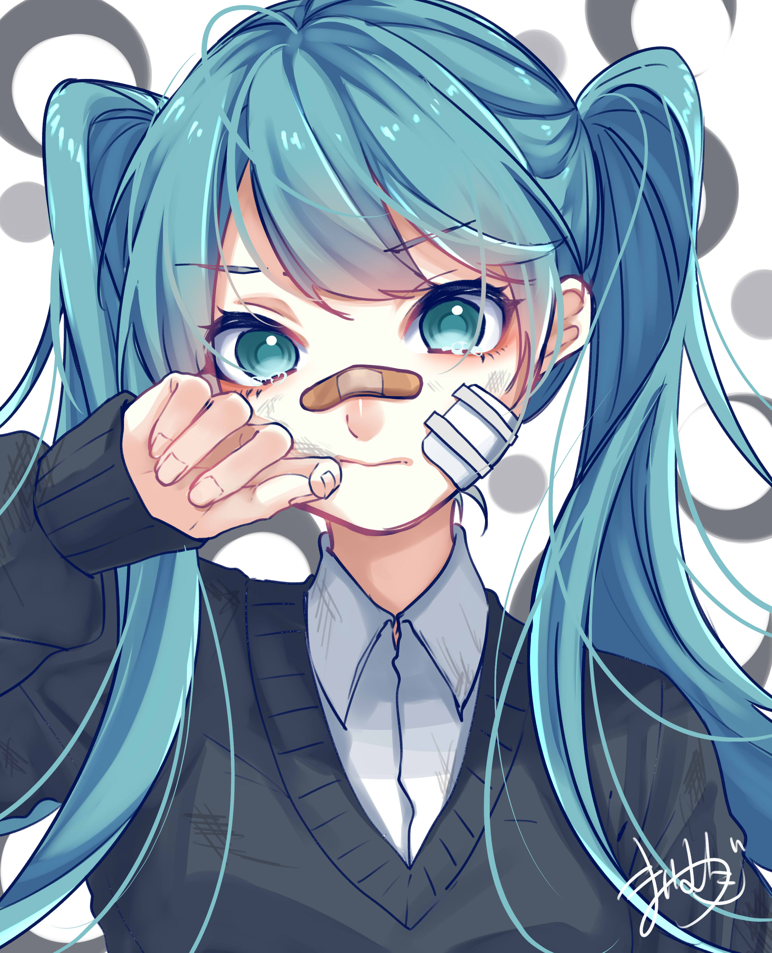 Safebooru - 1girl :| absurdres bandaid bandaid on face bandaid on nose black sweater blue eyes ...
