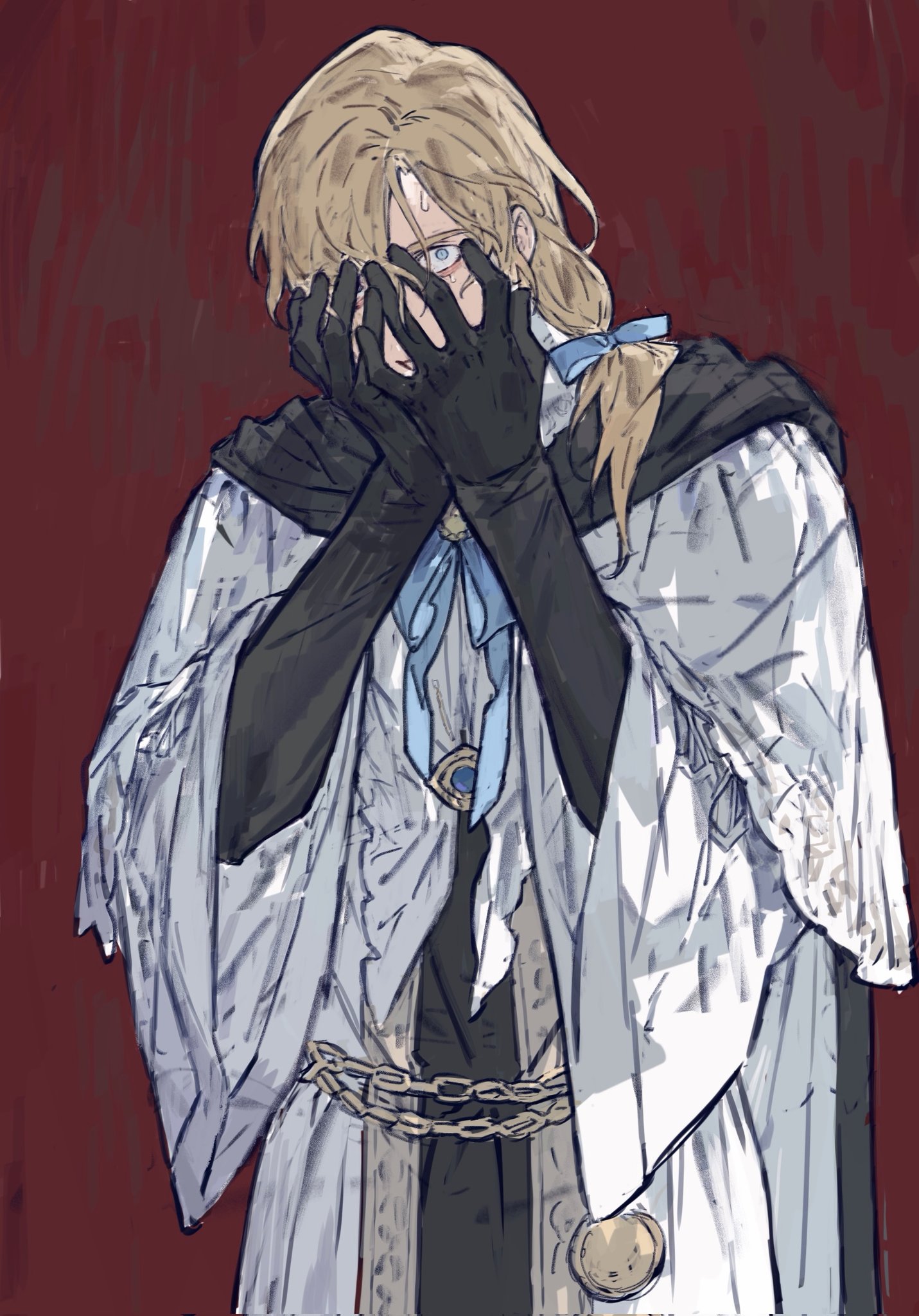 Safebooru - 1boy black cape black gloves black robe blonde hair bloodborne blue eyes blue ribbon ...