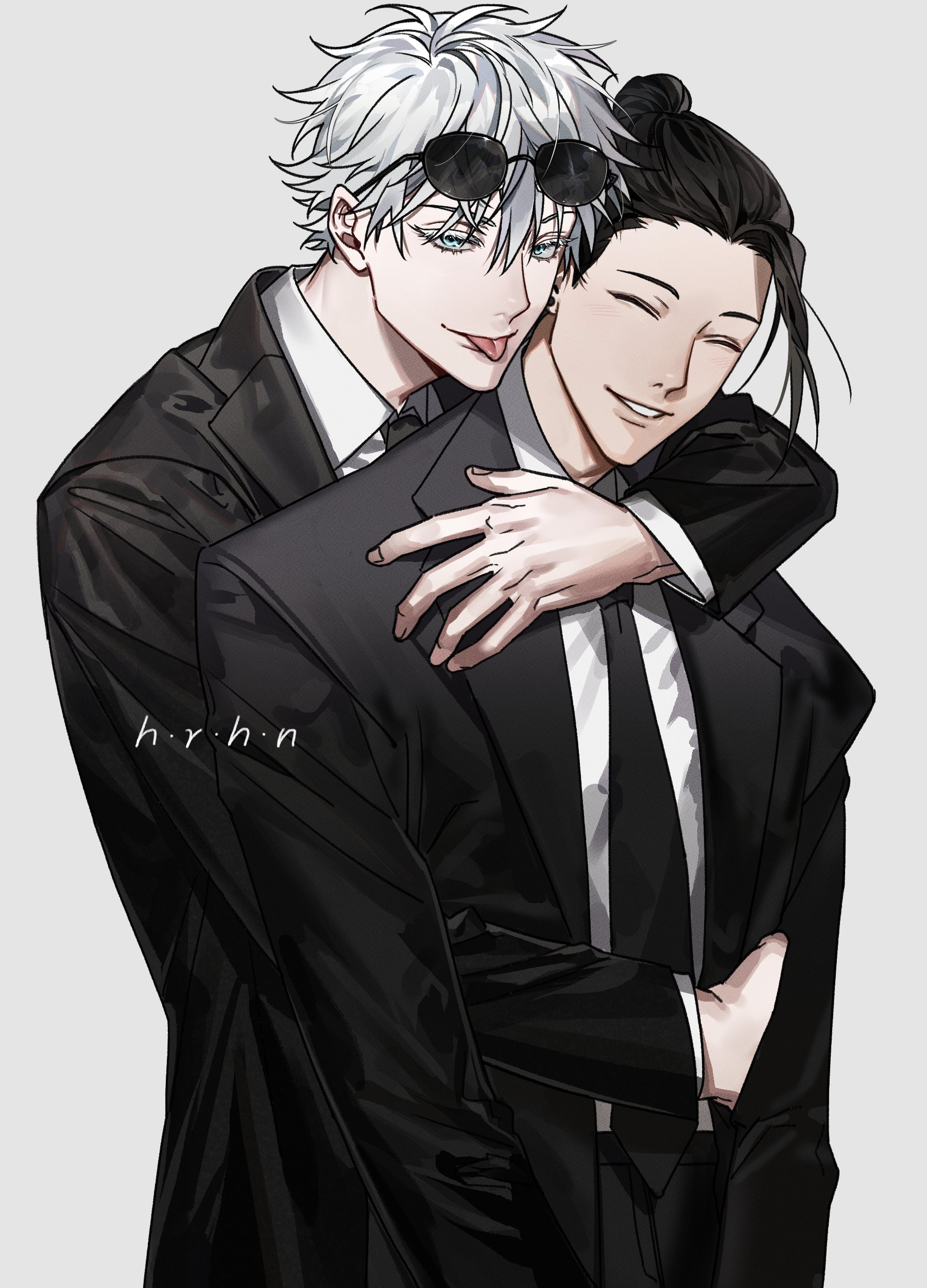 Safebooru - 2boys absurdres ahoge arm around neck arm up black hair black jacket black necktie ...