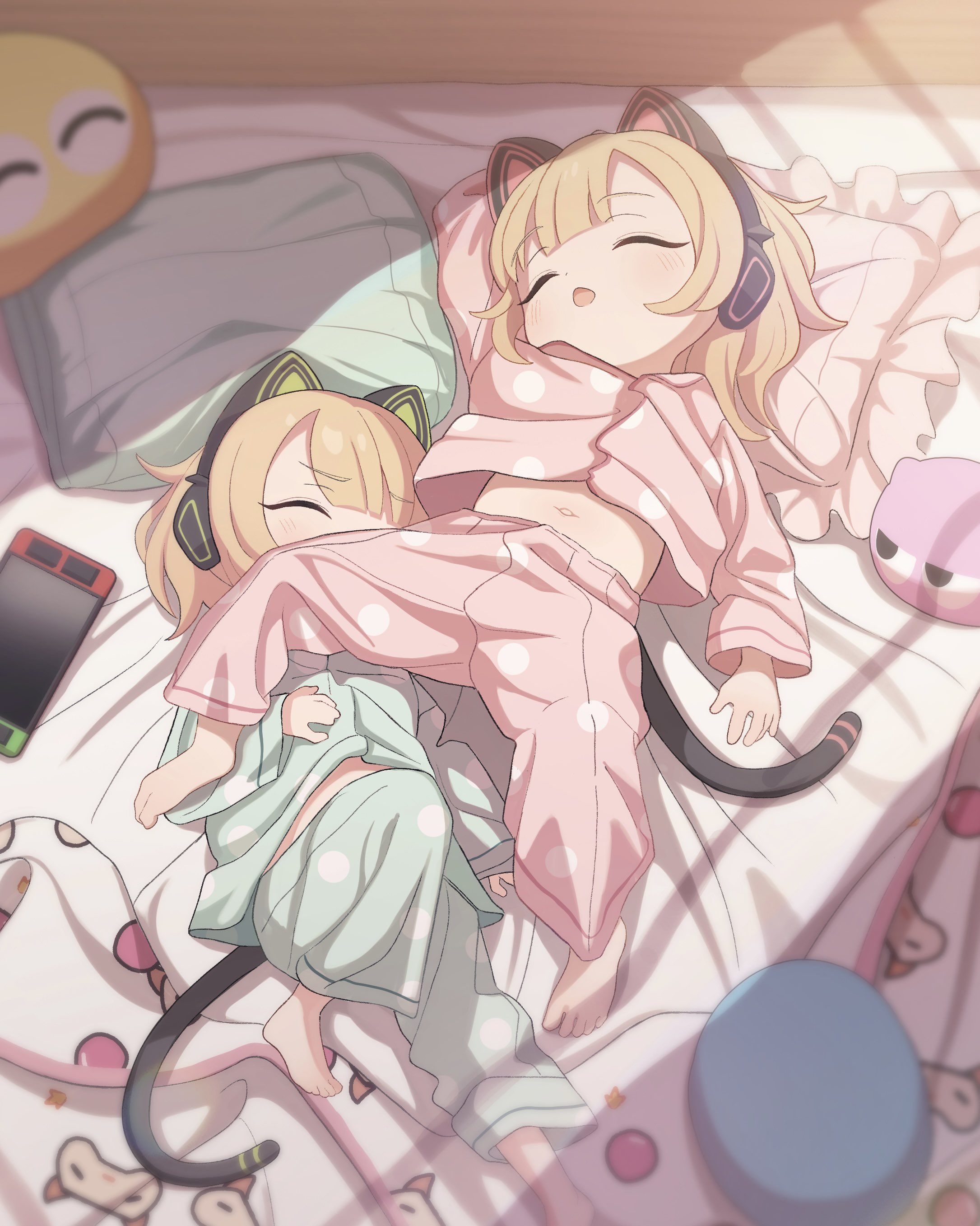 Safebooru - 2girls absurdres animal ear headphones animal ears atat250 barefoot blonde hair blue ...