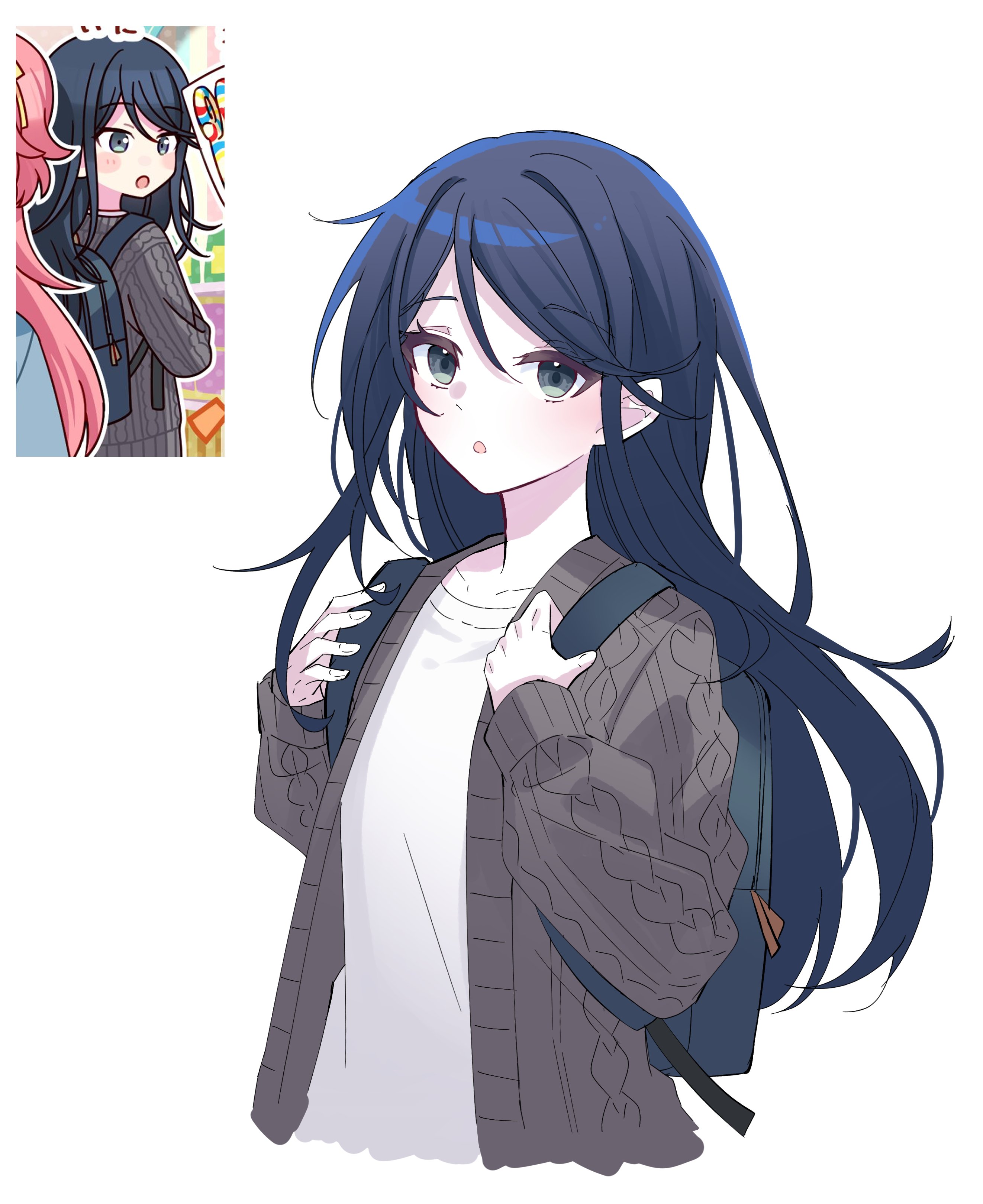 Safebooru - 2girls :o absurdres backpack bag black cardigan black eyes ...