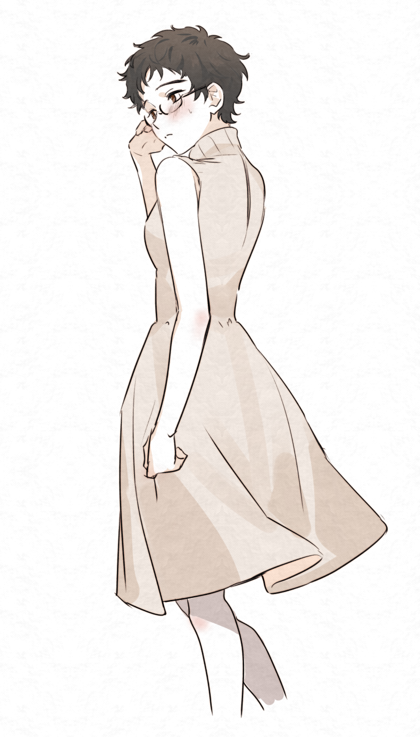 Safebooru - 1103sns 1girl adjusting eyewear arm at side blush brown dress brown eyes brown hair ...