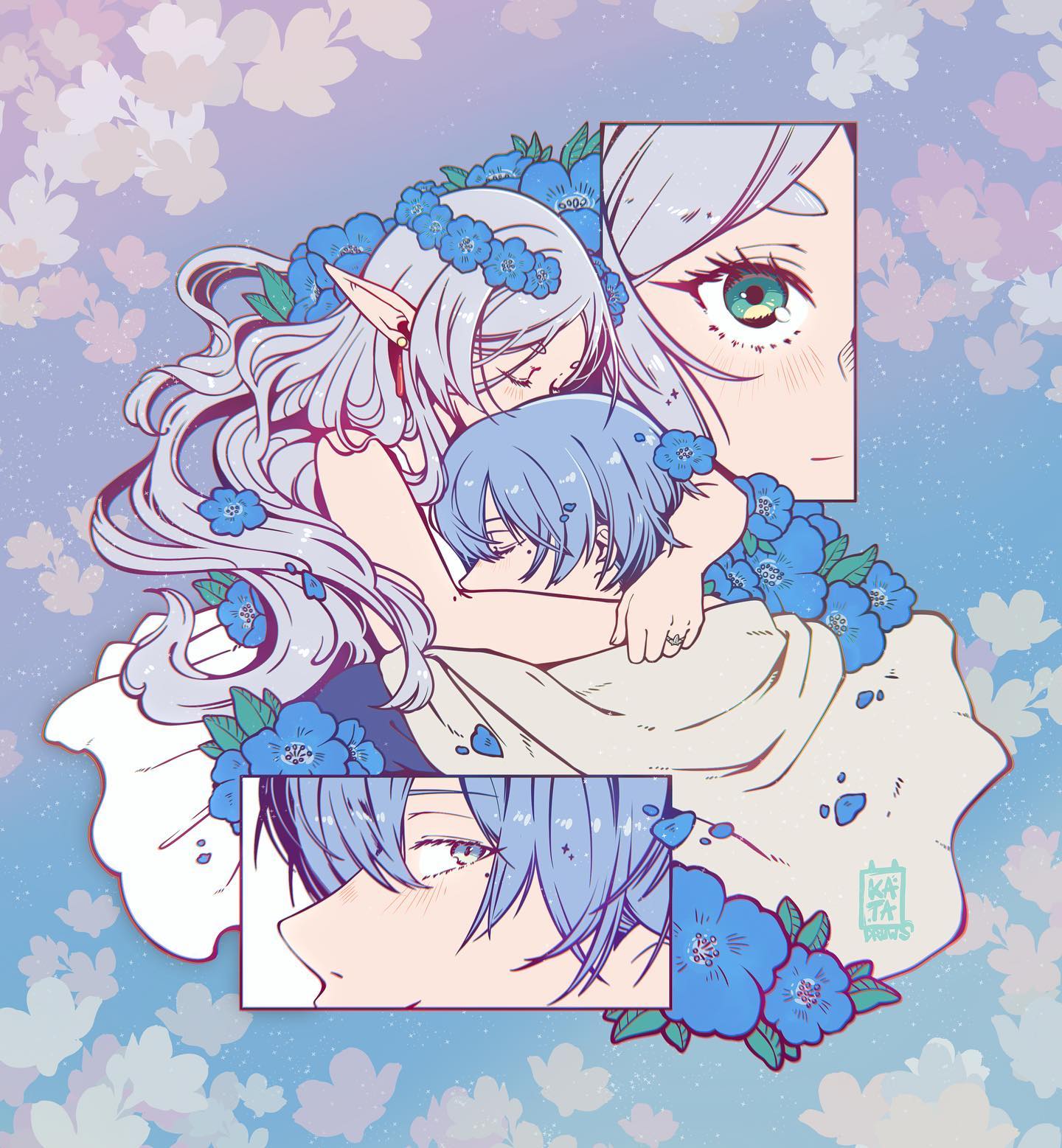Safebooru - 1boy 1girl blue eyes blue flower blue hair chromatic aberration closed eyes cropped ...