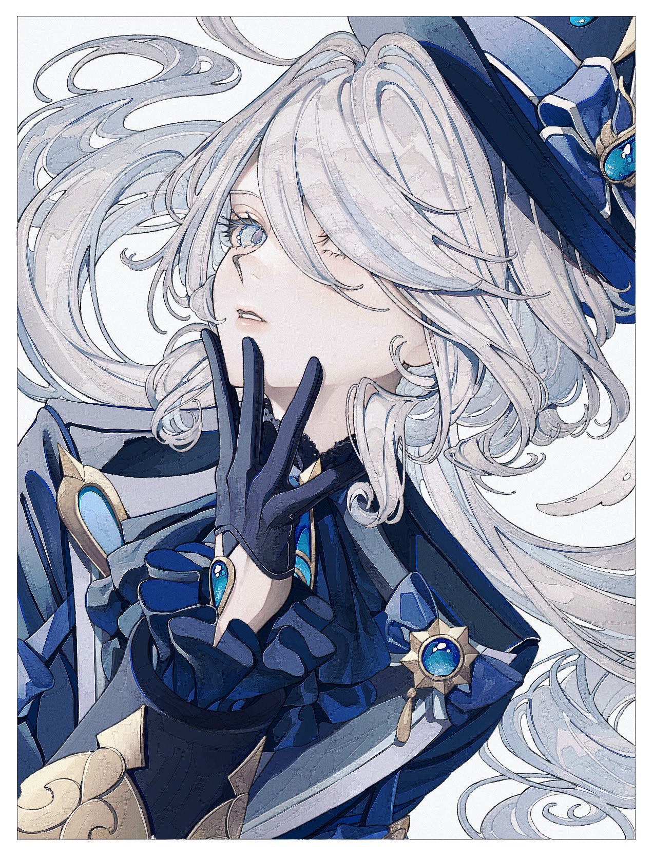 Safebooru - 1girl ahoge ascot black gloves blue ascot blue bow blue eyes blue gemstone blue hair ...