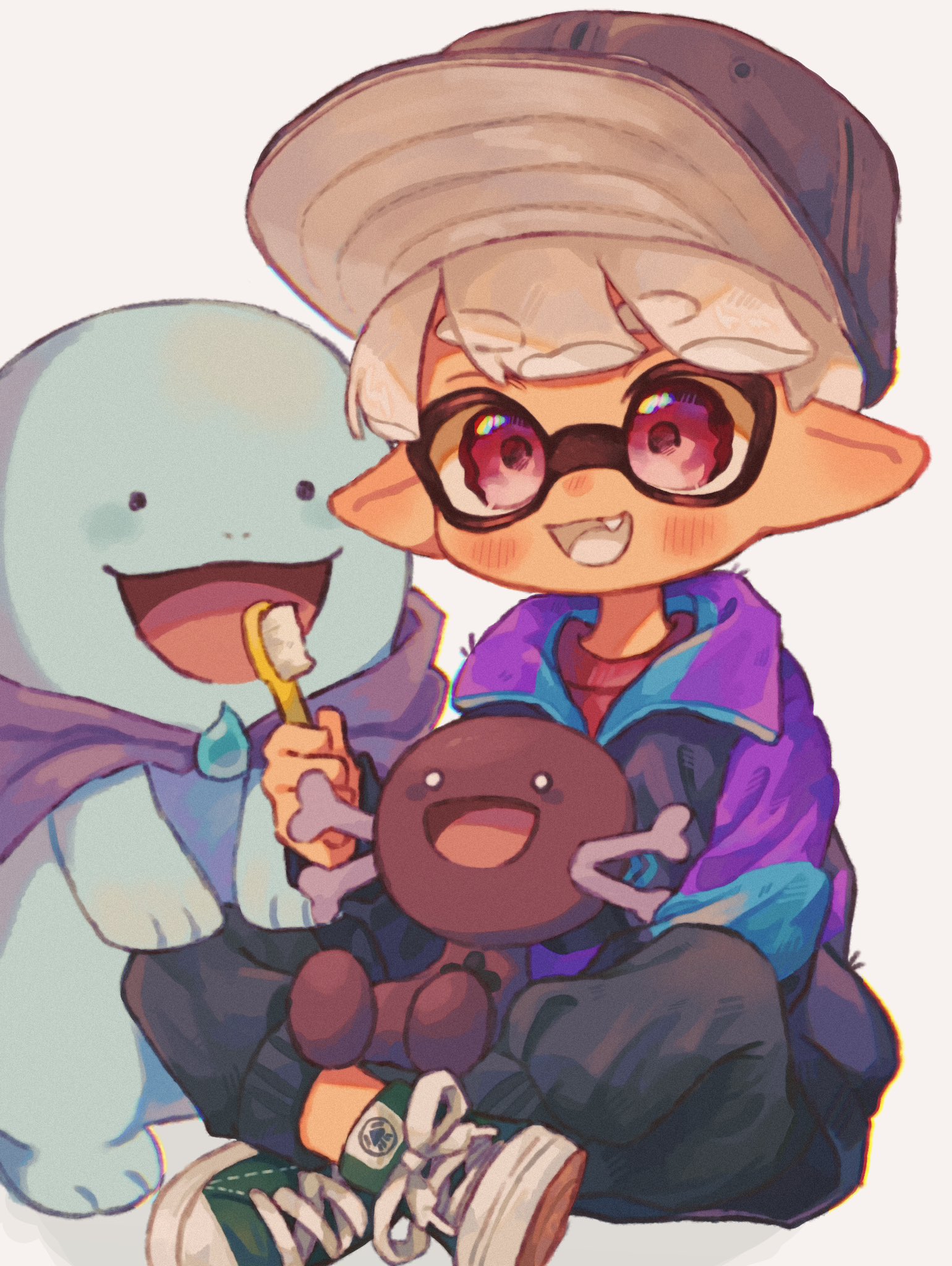 Safebooru - 1boy :d baseball cap blue skin cape colored skin commentary ...