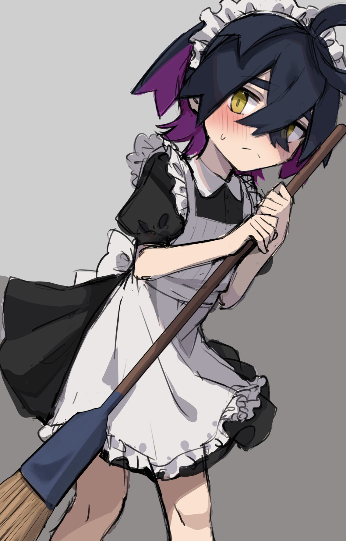 Safebooru - 1boy alternate costume apron black dress black hair blush broom closed mouth crossed ...