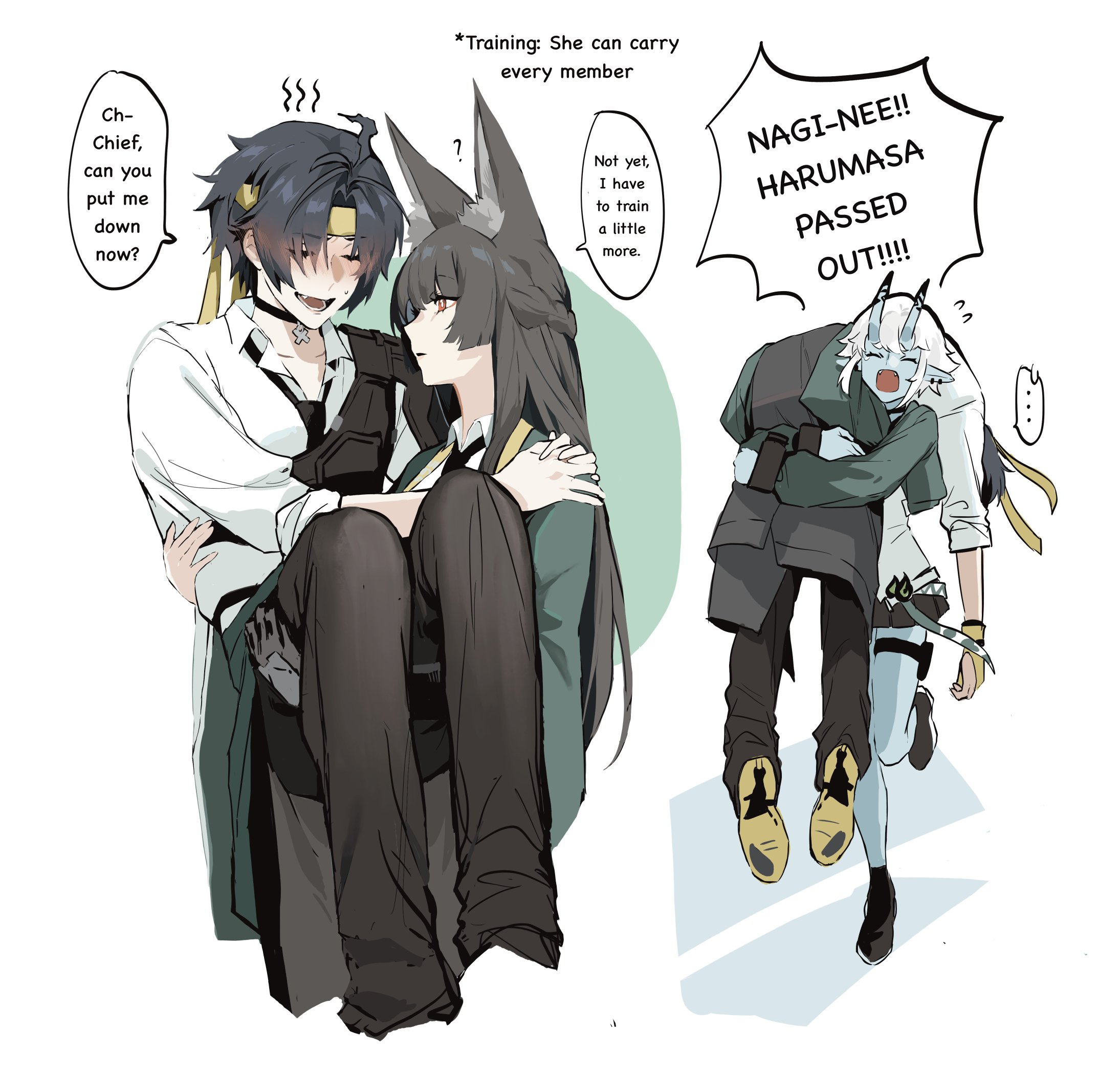 Safebooru - 1boy 2girls animal ears asaba harumasa black hair black necktie black pants blue ...