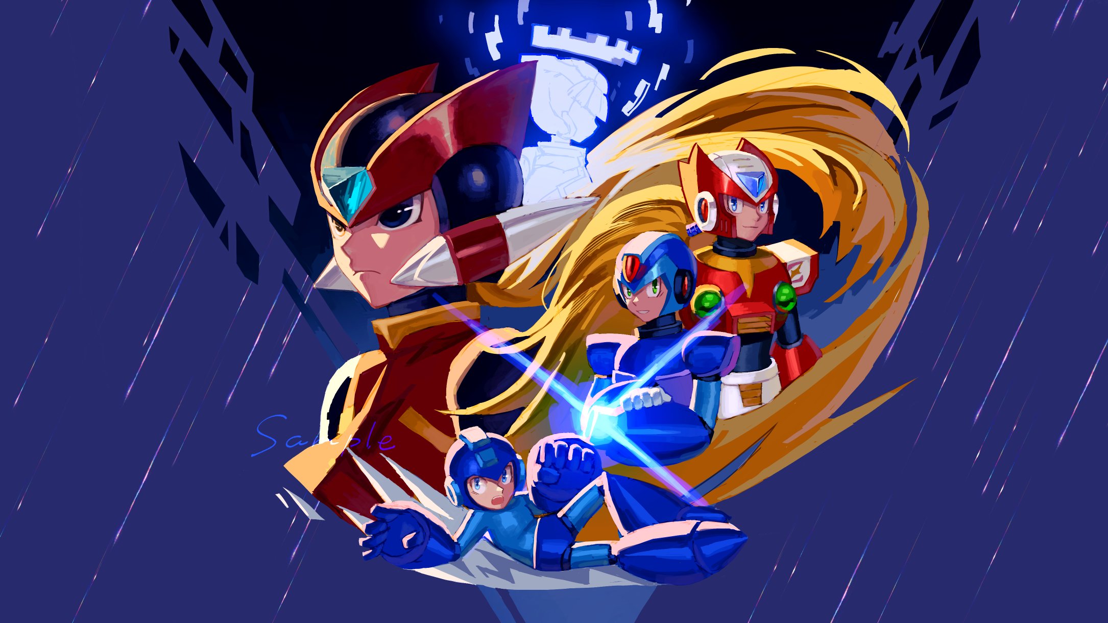 Safebooru - 5boys arm cannon artist name black eyes blonde hair blue ...