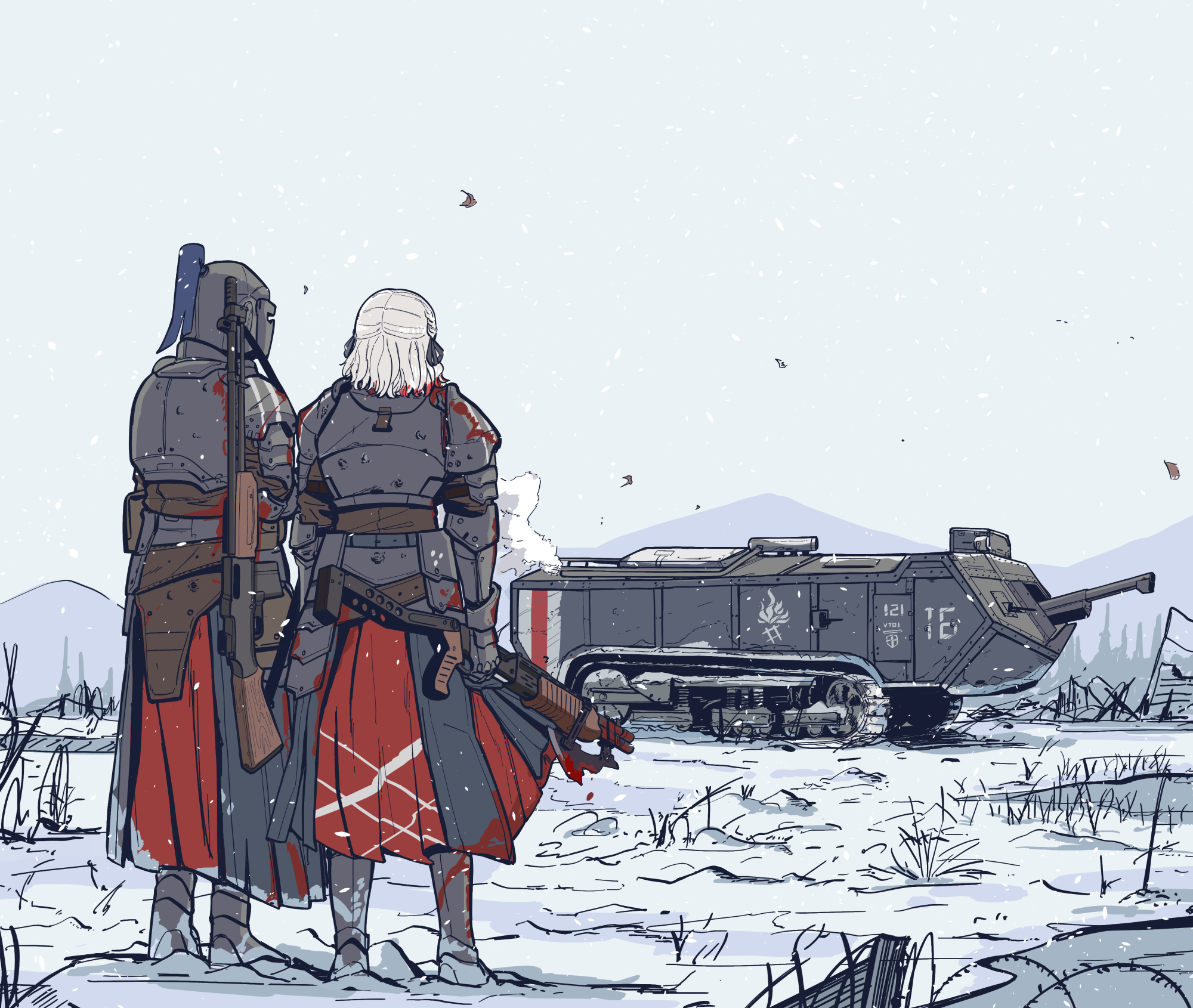 Safebooru - 1girl armor black ribbon cannon caterpillar tracks day ...