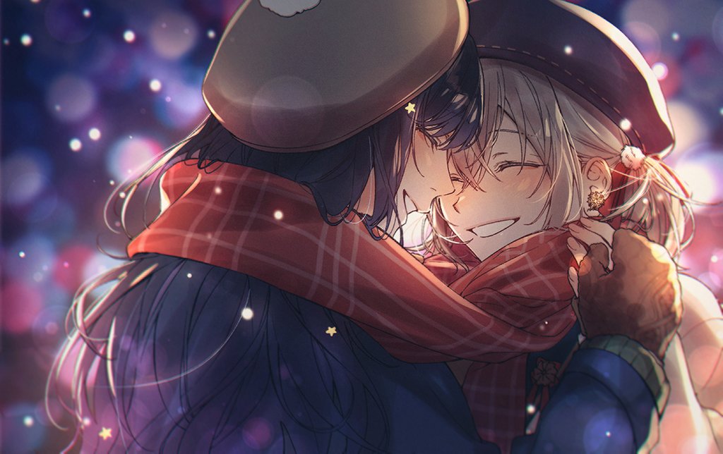 Safebooru - 2girls azusawa kohane black hair black hat brown gloves brown hair closed eyes ...