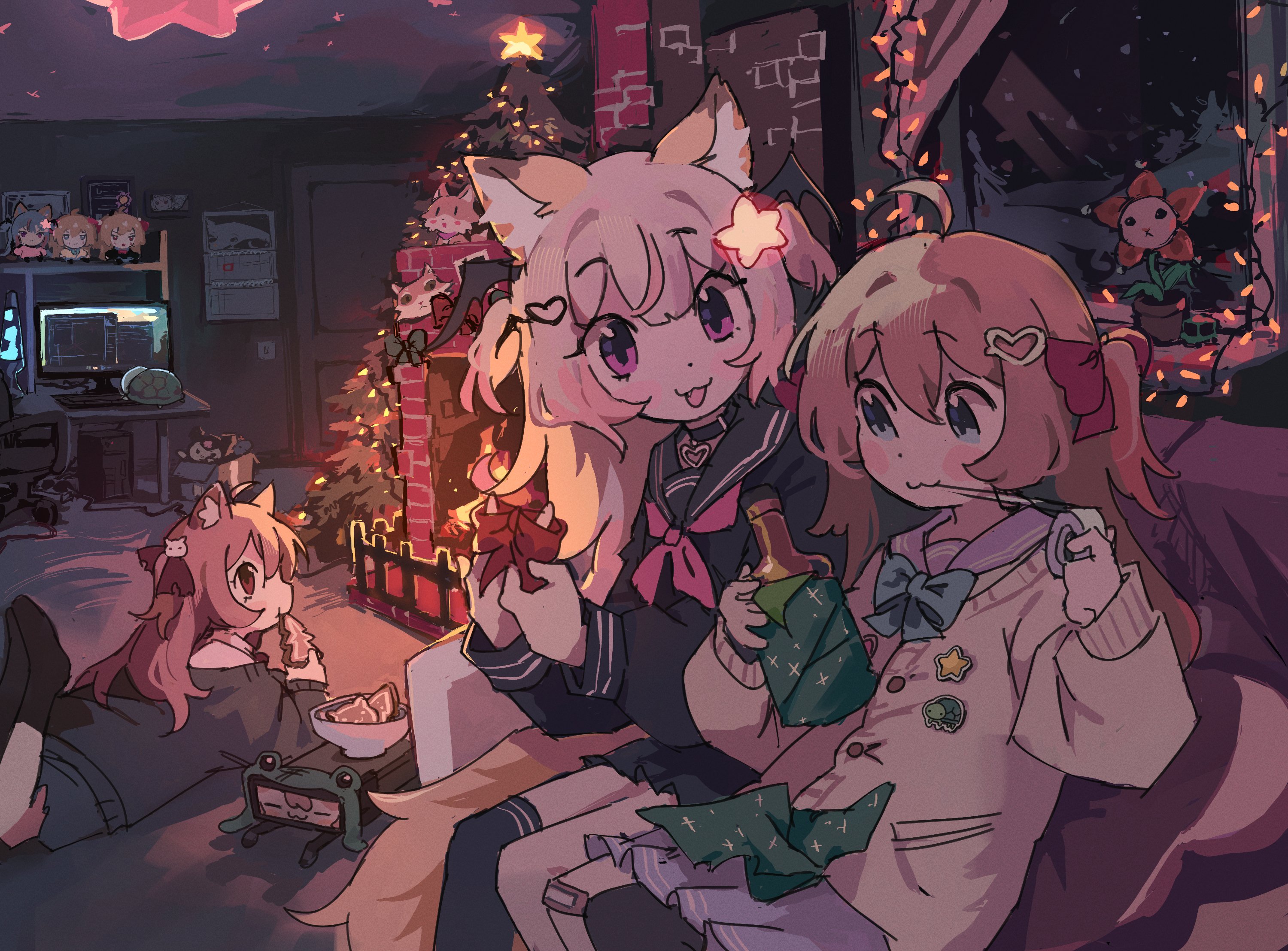 Safebooru - 3girls :3 ahoge animal ears annytf asymmetrical legwear bandaid bandaid on knee ...