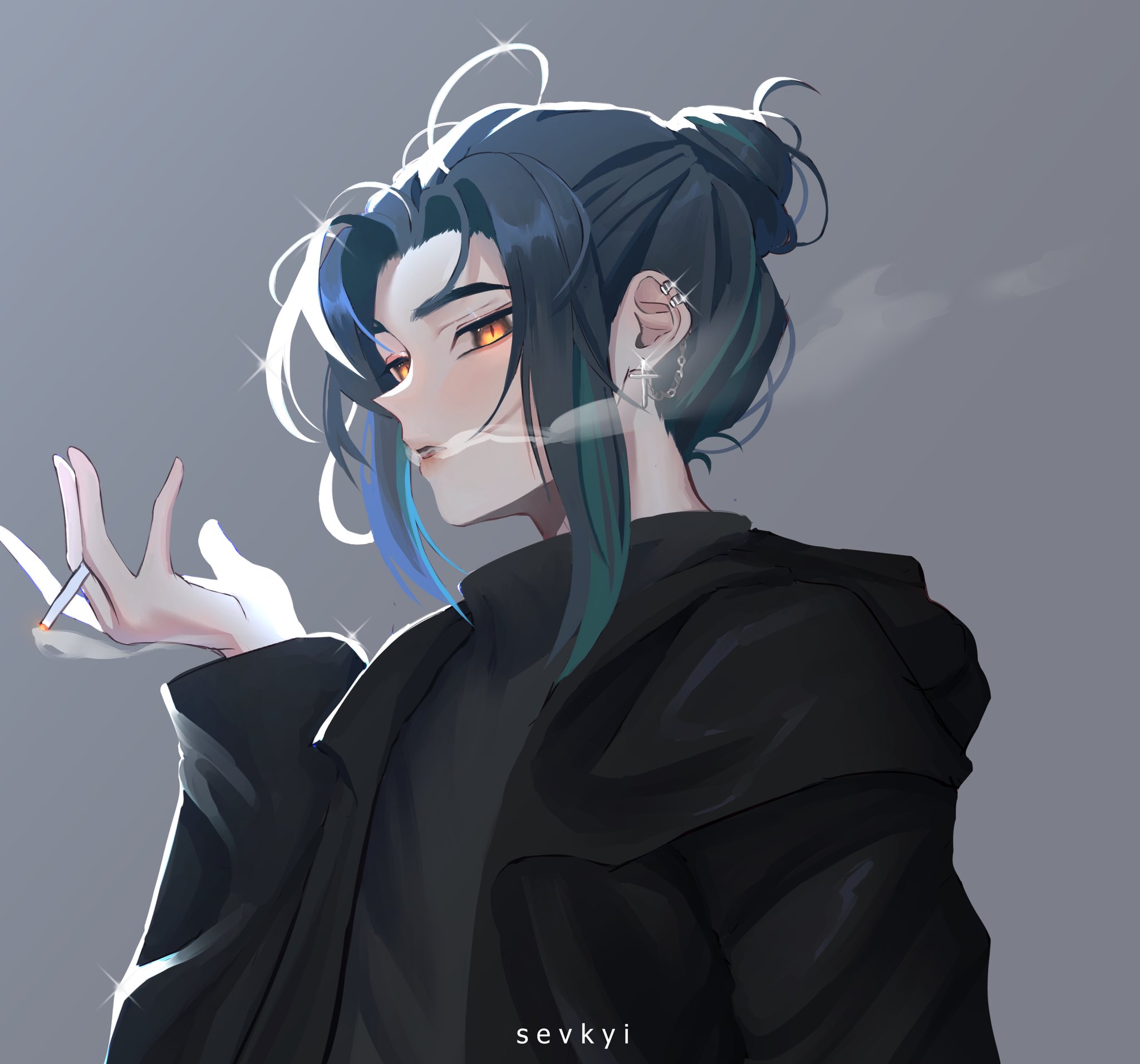 Safebooru - 1boy alternate costume artist name black hair black jacket black shirt blowing smoke ...