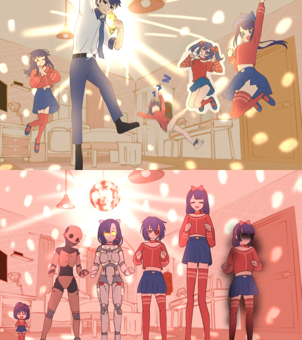 Safebooru - 1boy 2d mita (miside) 6+girls baseball cap bedroom blue eyes blue hat blue skirt ...