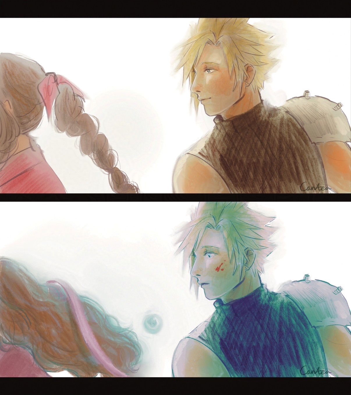 Safebooru - 1boy 1girl aerith gainsborough aqua eyes armor black border blonde hair blood blood ...