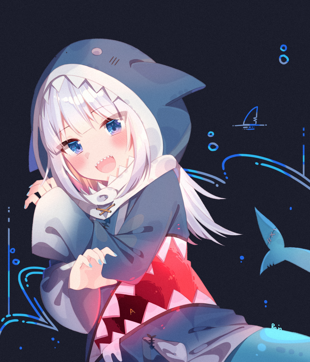Safebooru - 1girl :d animal hood black background blue eyes blue hoodie blue nails blush ...