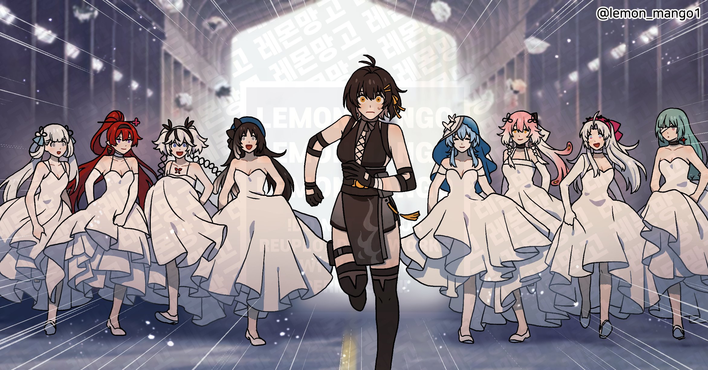 Safebooru - 6+girls ahoge antenna hair bandage over one eye black dress black footwear black ...