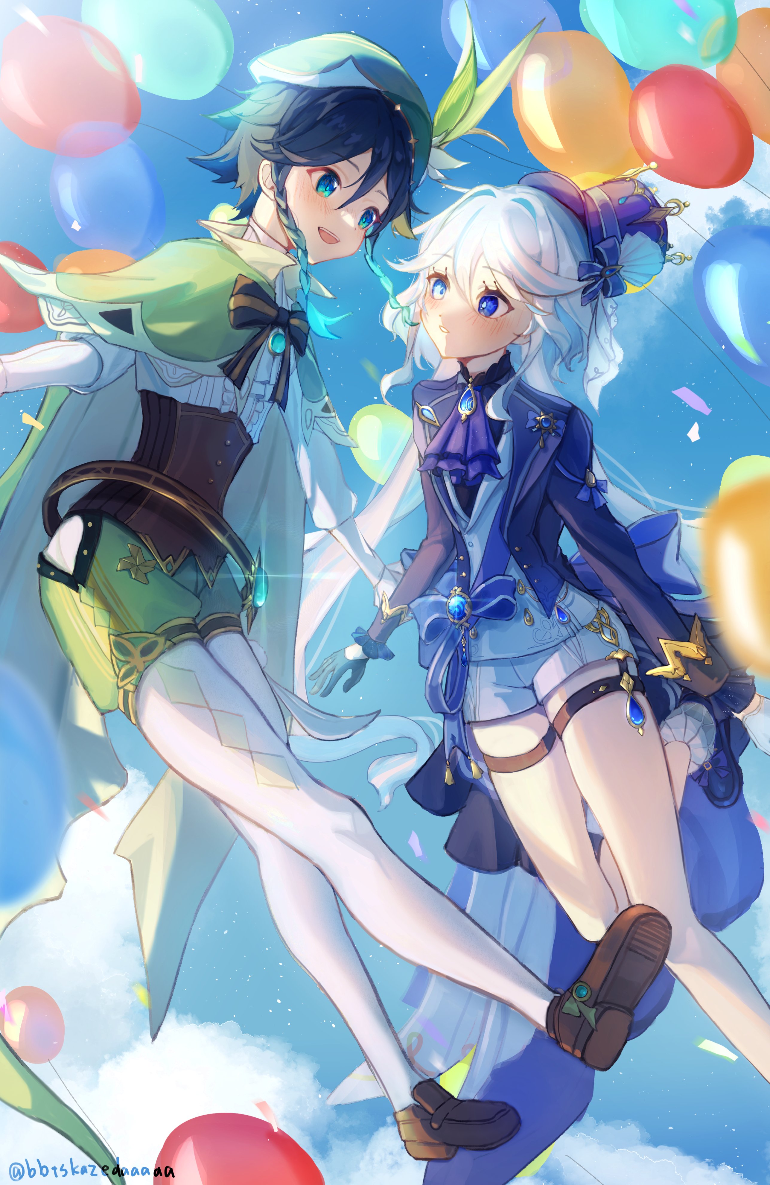 Safebooru - 1boy 1girl absurdres anemo symbol (genshin impact) aqua eyes aqua hair ascot balloon ...