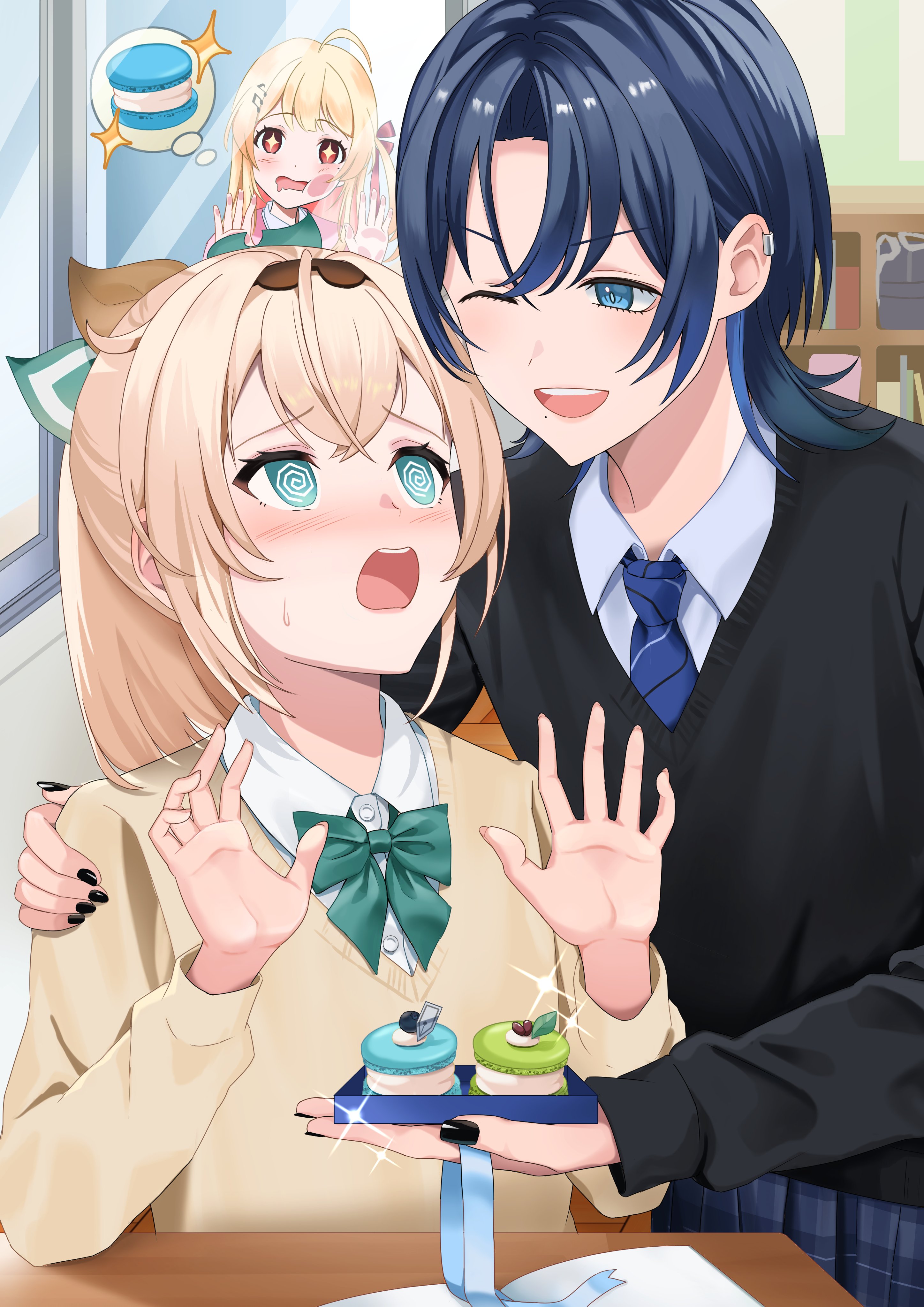 Safebooru - 3girls @ @ absurdres ahoge black nails black sweater blonde hair blue eyes blue hair ...