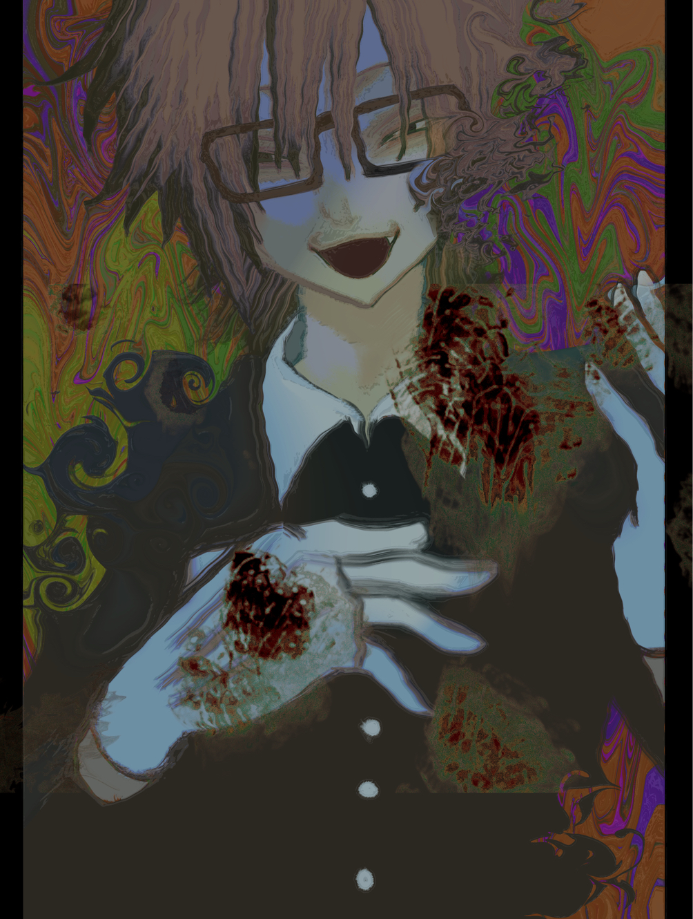 Safebooru - 0000k lll 1boy black eyes brown hair fang glasses gloves ...