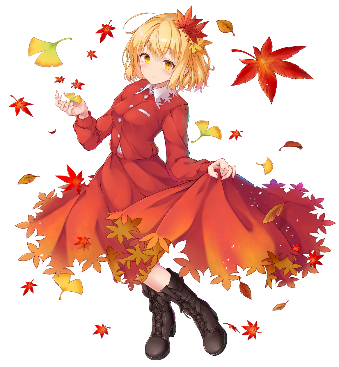 Safebooru - 1girl aka tawashi aki shizuha autumn leaves blonde hair boots breasts brown boots ...