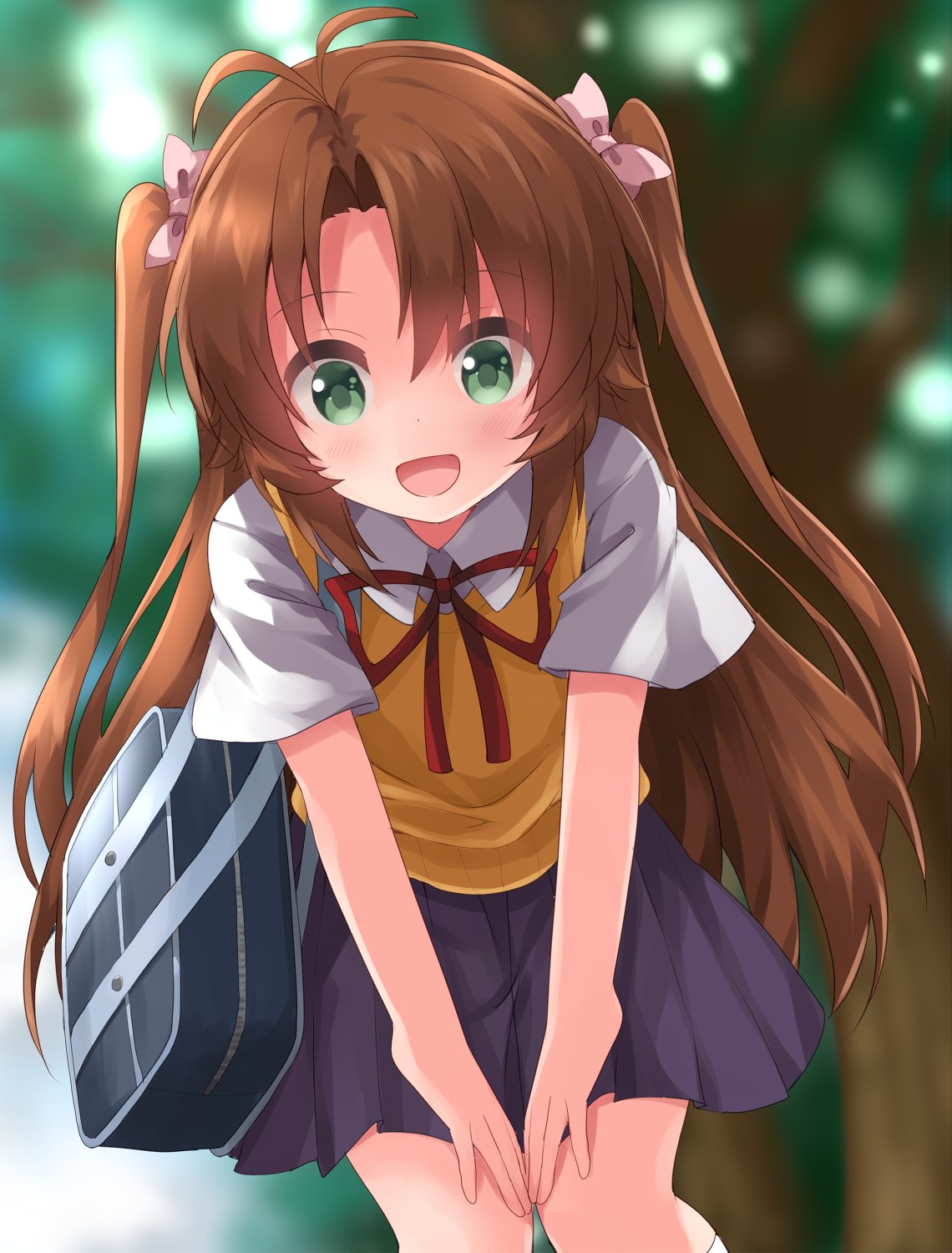 Safebooru - 1girl :d bag black skirt blue bag blurry blurry background blush bow brown hair ...