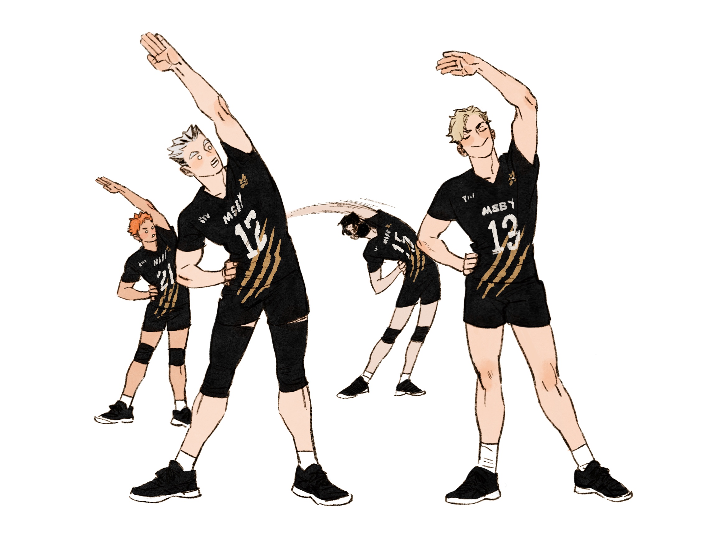 Safebooru - 4boys arm up black footwear black hair black shirt black ...