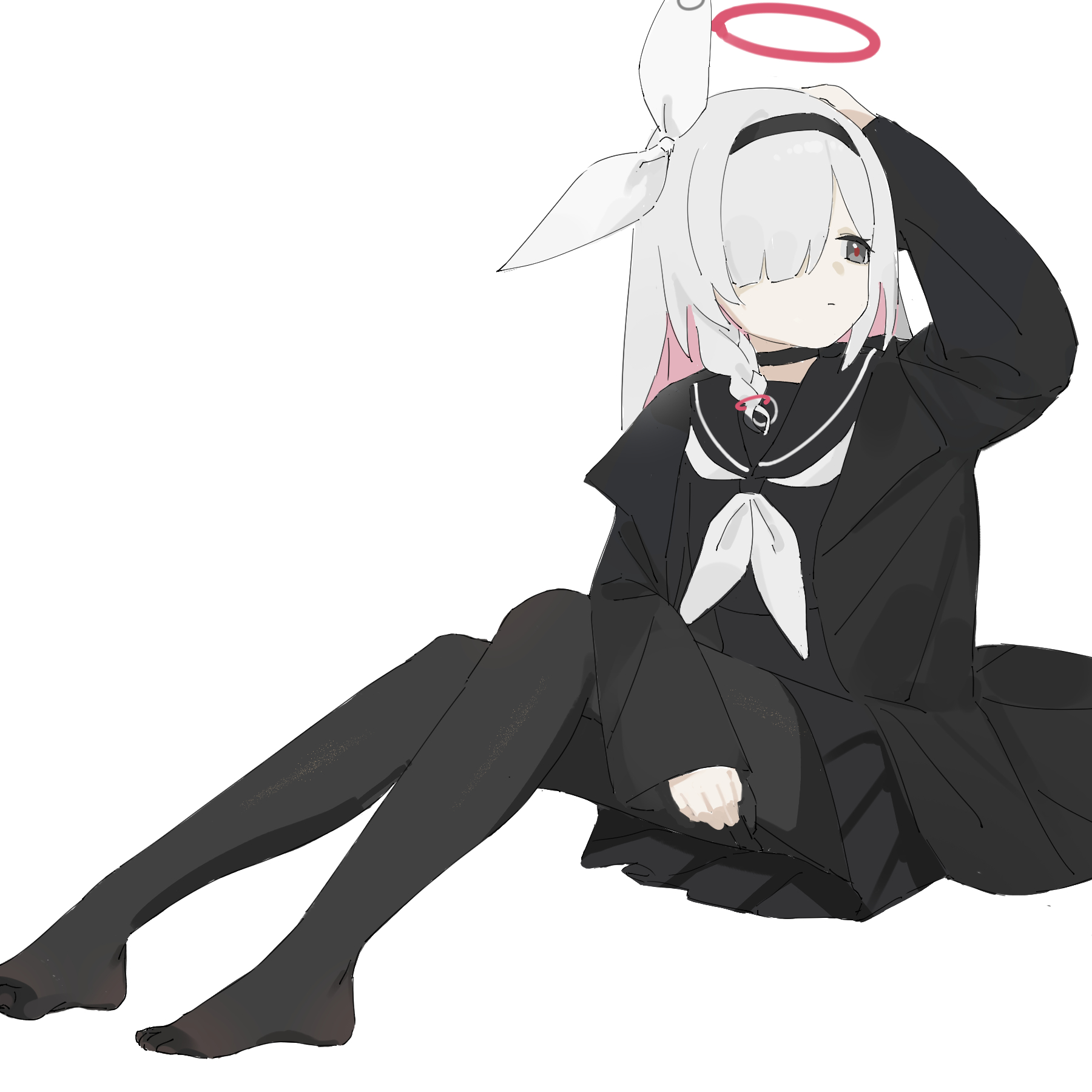 Safebooru - 1girl arm up black choker black eyes black headband black jacket black pantyhose ...