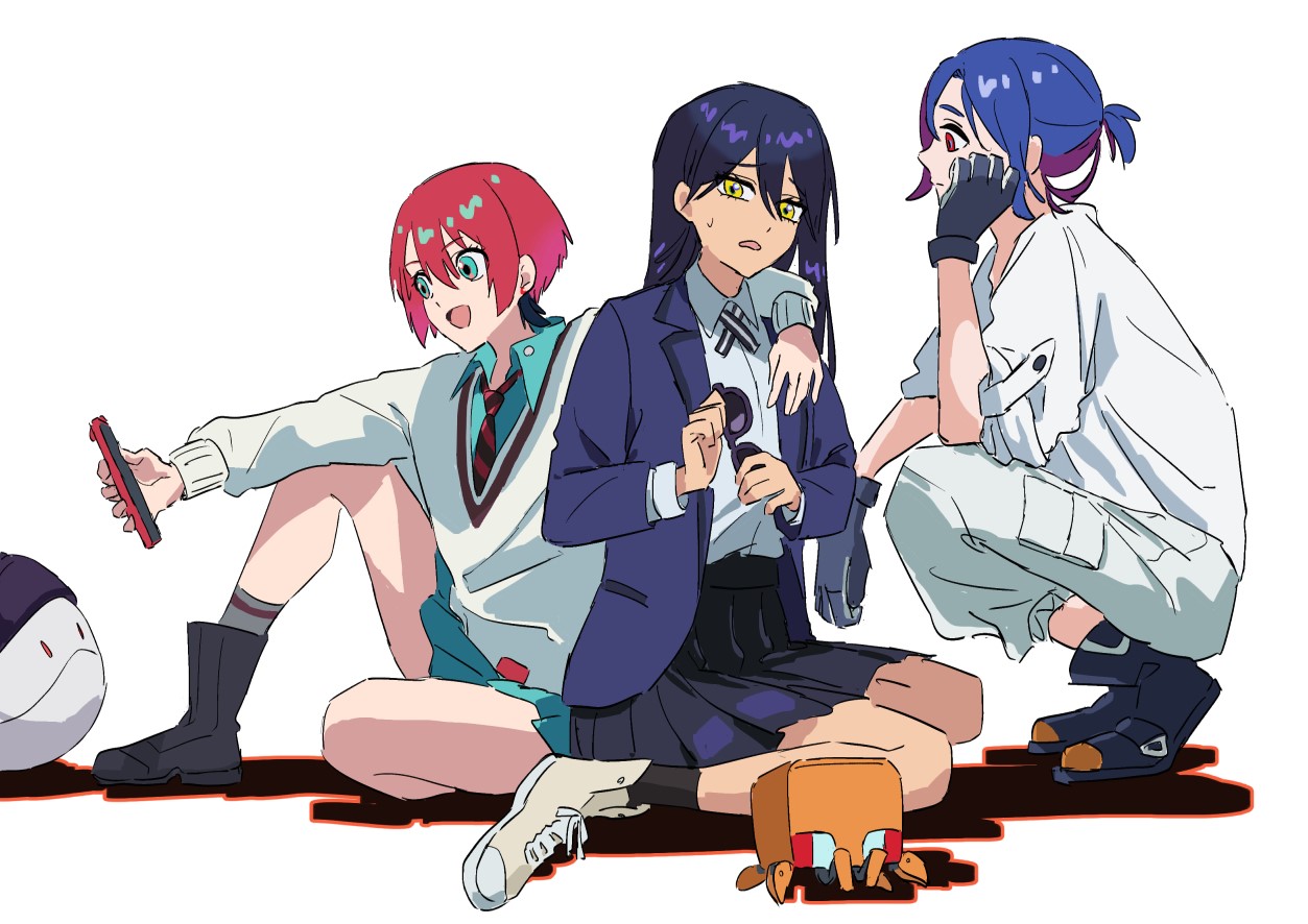 Safebooru - 1boy 2girls amate yuzuriha ankle boots aqua eyes aqua shirt aqua skirt arm around ...