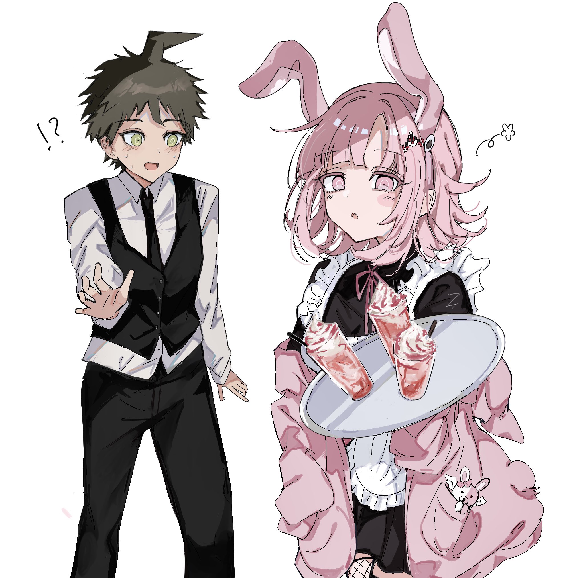 Safebooru - !? 1boy 1girl :o ahoge alternate costume animal ears apron black necktie black pants ...