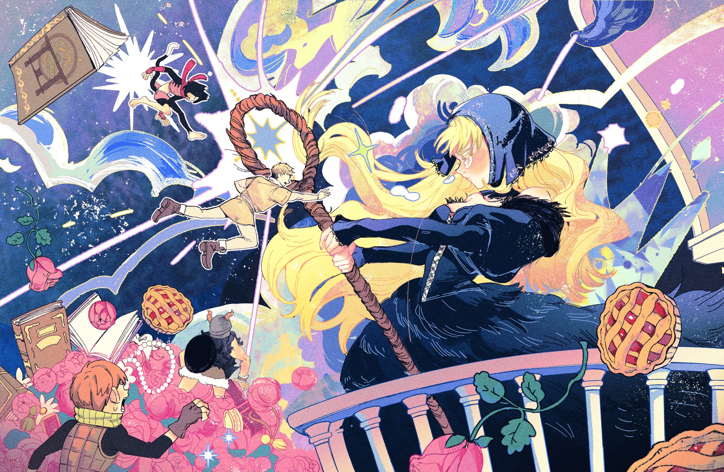 Safebooru - 2girls 3boys animal ears armor balcony balsang bare shoulders barefoot beard black ...