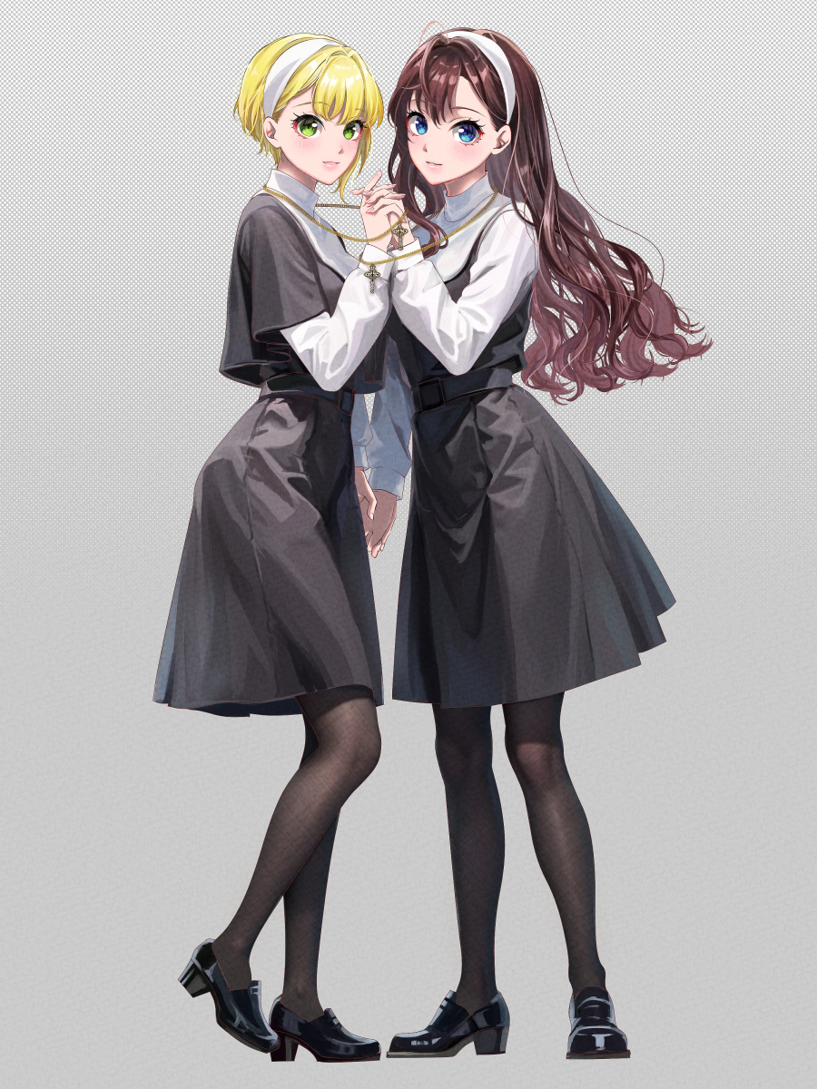 Safebooru - 2girls black dress black footwear black pantyhose blue eyes blush dress full body ...