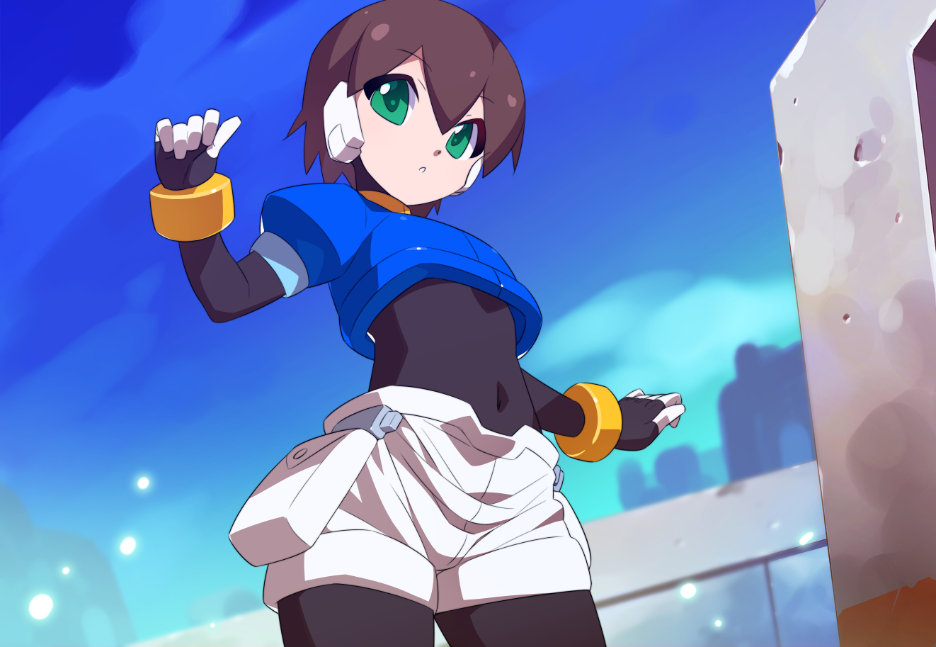 Safebooru - 1girl aile (mega man zx) black bodysuit blue jacket blue sky blurry blurry ...