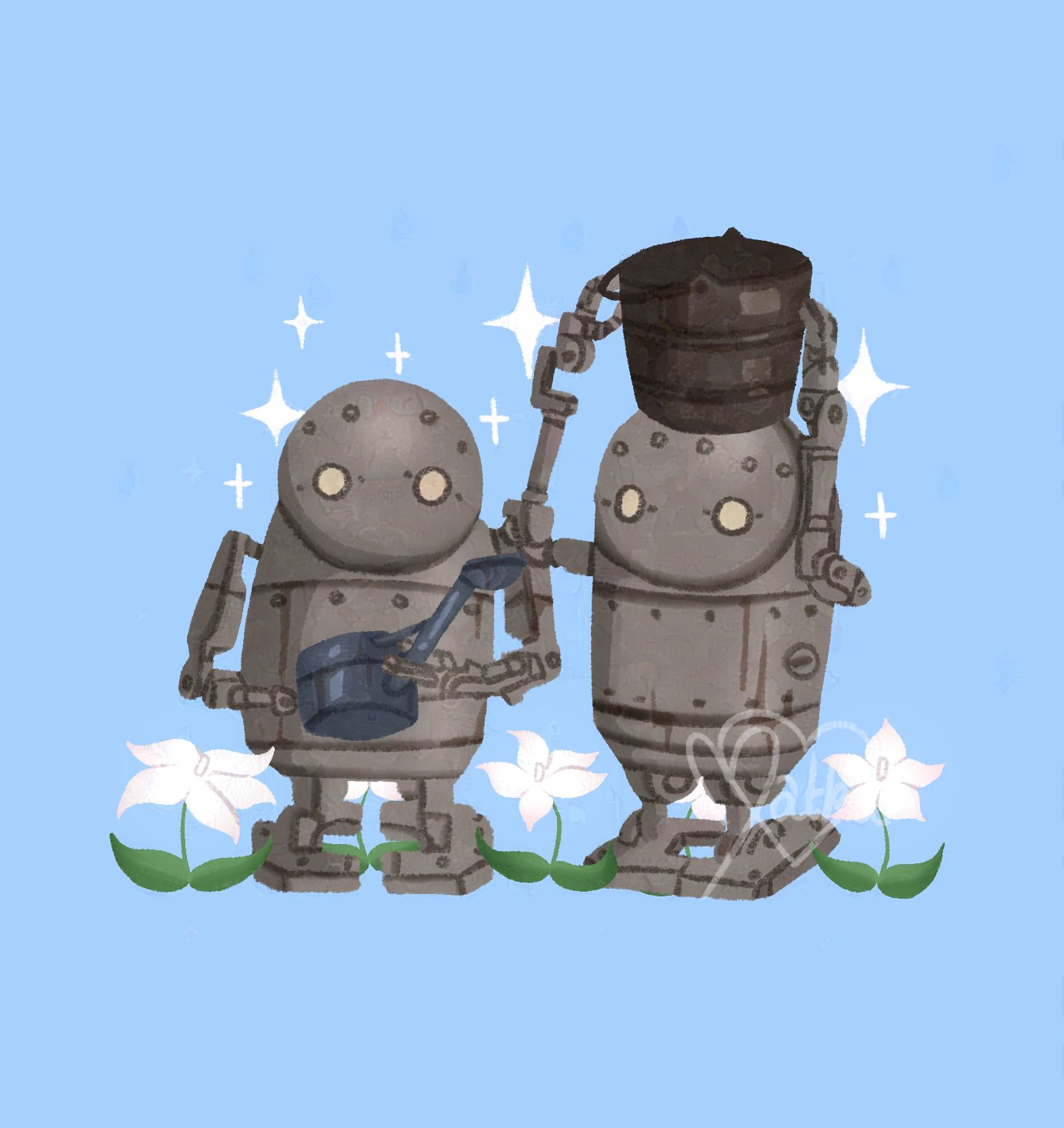 Safebooru - blue background bucket commentary flower highres holding ...