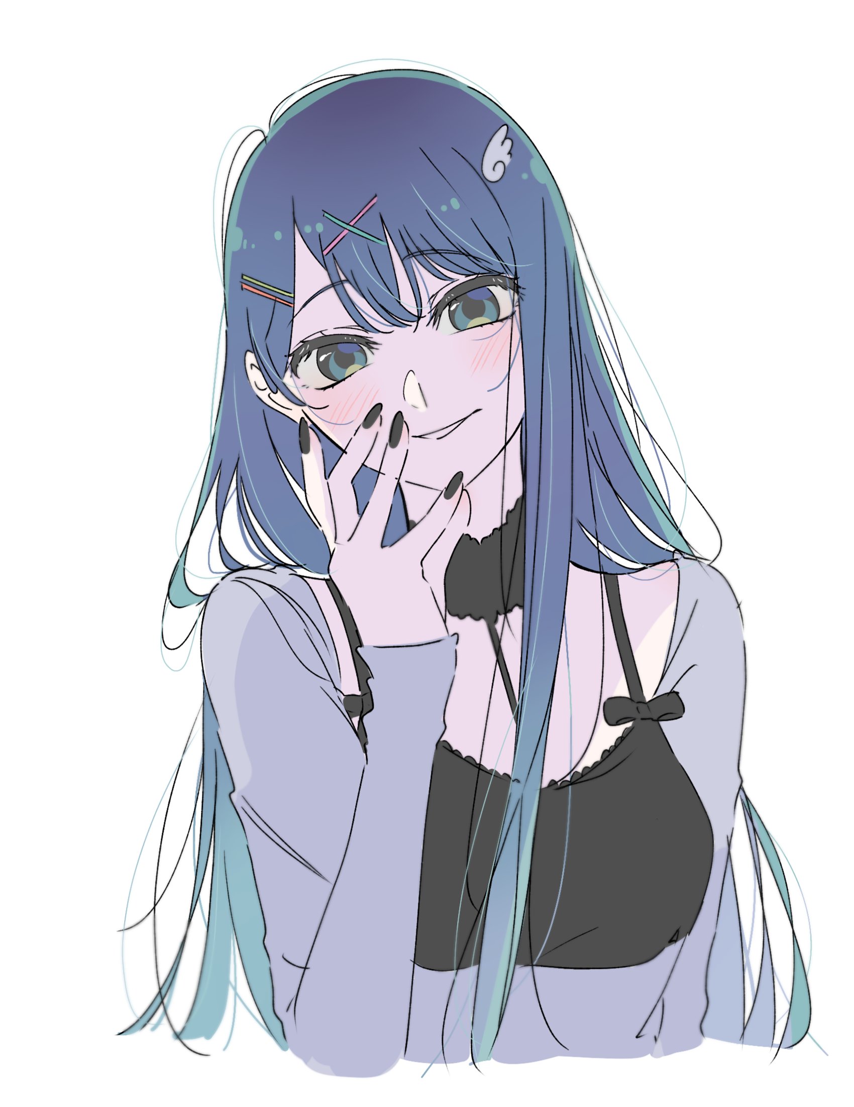 Safebooru - 1girl black camisole black nails blue eyes blue hair blush breasts camisole ...