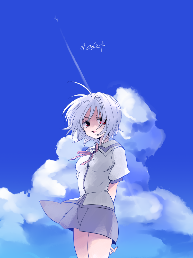 Safebooru - 1girl arms behind back atomic15 blue sky clouds cowboy shot cumulonimbus cloud day ...