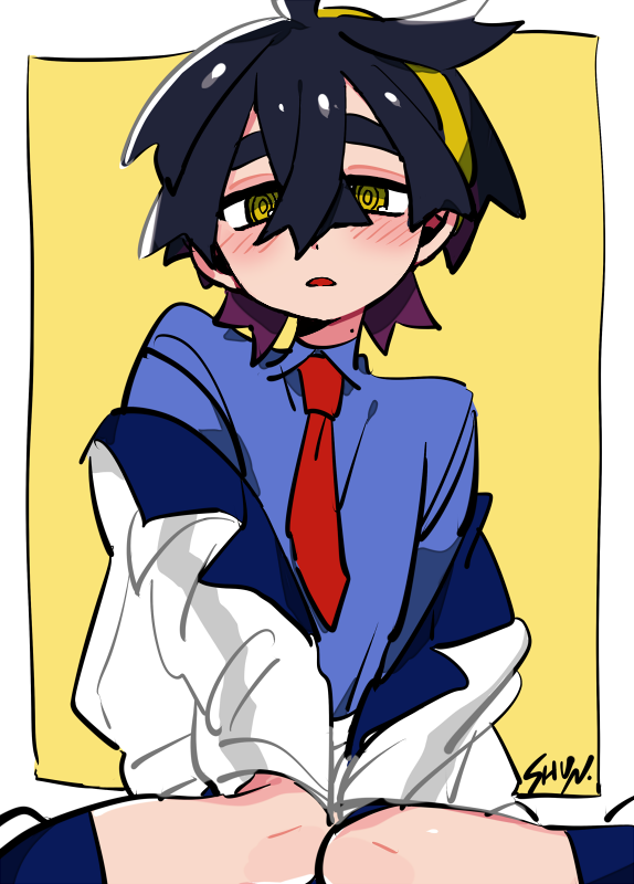 Safebooru - 1boy between legs black hair blue shirt blue socks blush collared shirt commentary ...