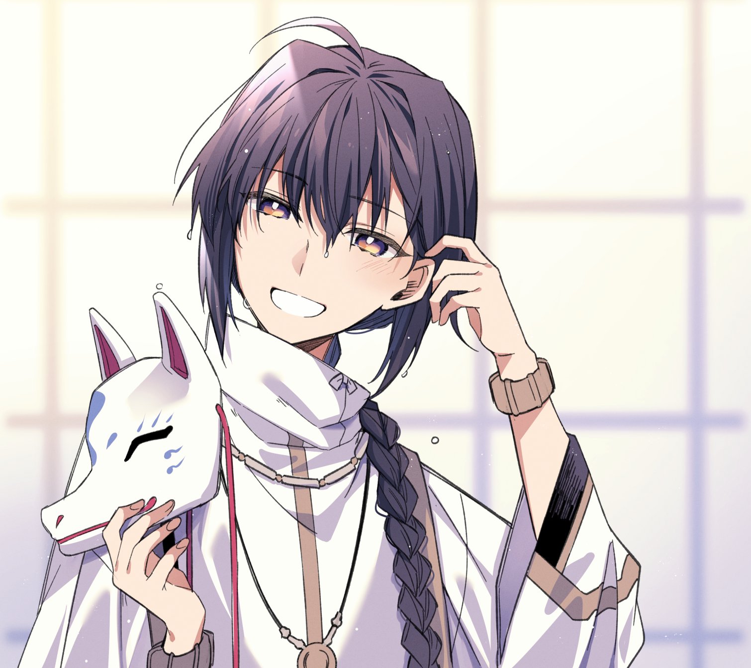 Safebooru - 1other adjusting hair ahoge amulet androgynous black hair ...