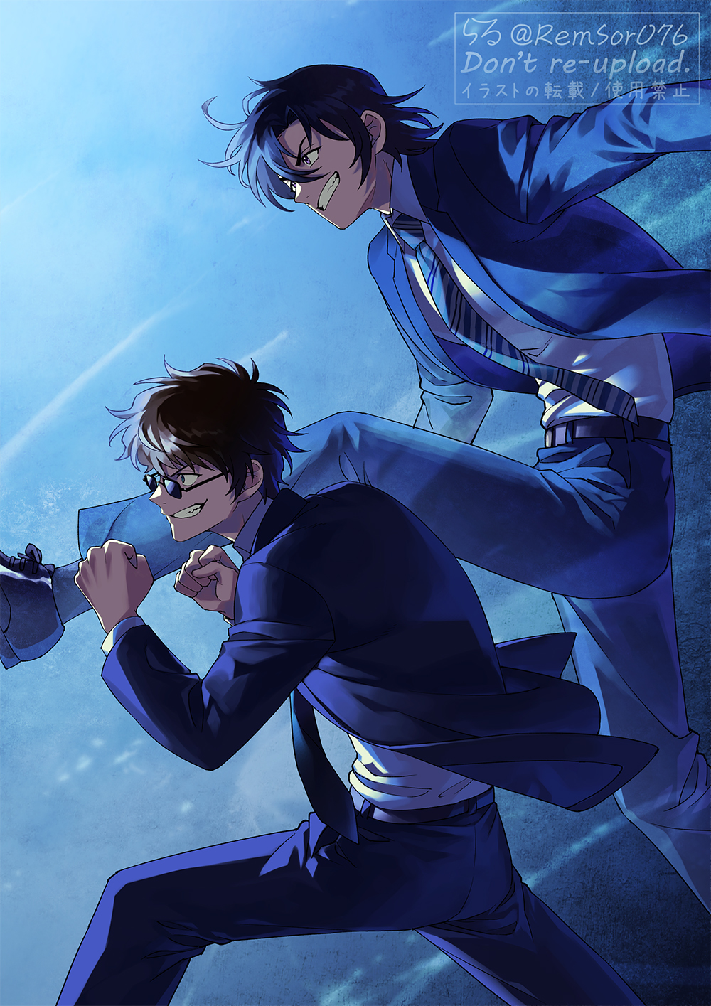 Safebooru - 2boys black hair black necktie black suit blue eyes blue suit brown hair clenched ...