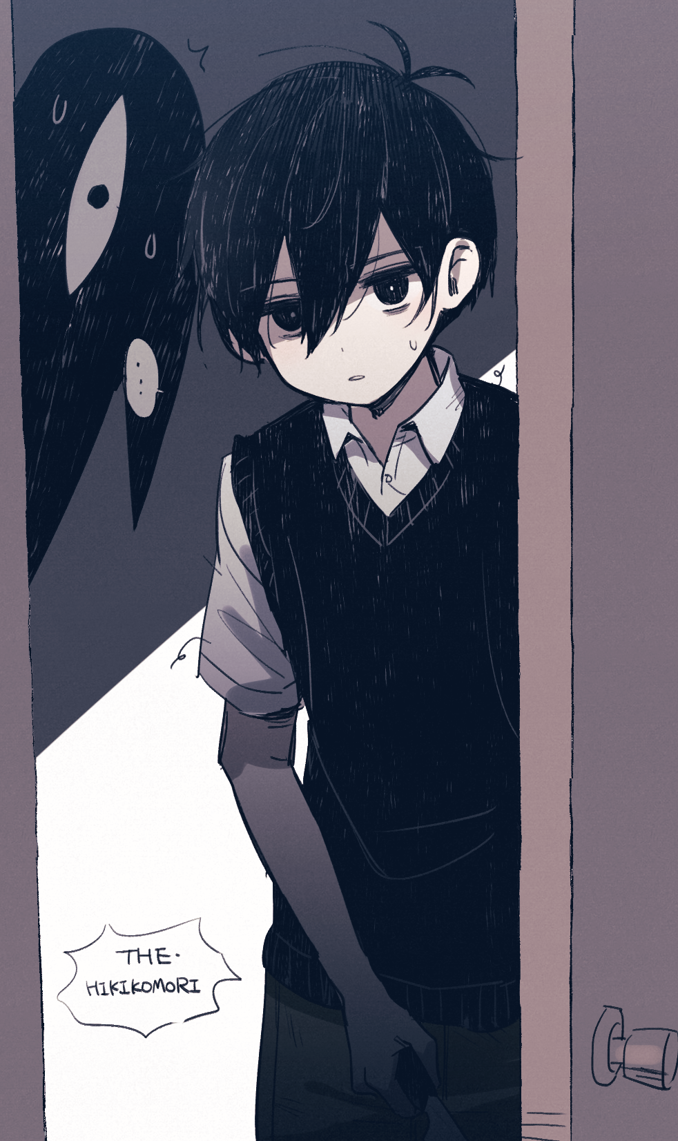 Safebooru - 1boy black eyes black hair black sweater vest collared shirt door english text ...