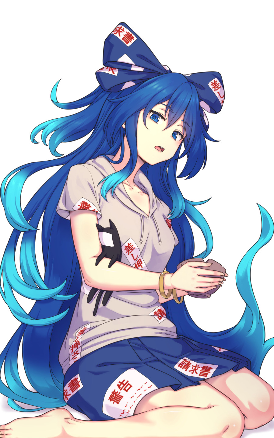 Safebooru - 1girl barefoot blue bow blue eyes blue hair bow bowl hair bow highres holding ...