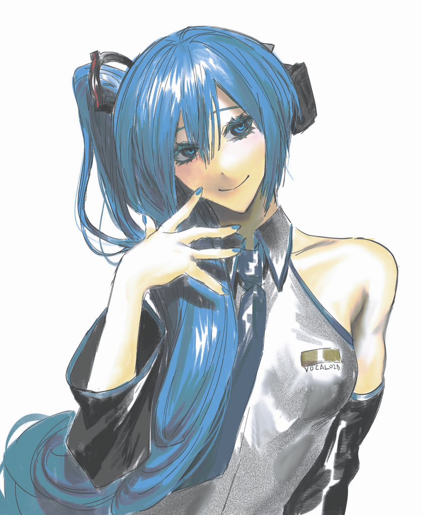 Safebooru - 1girl aqua eyes aqua nails bare shoulders black sleeves blue hair breasts closed ...