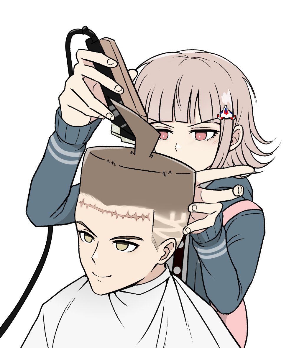 Safebooru - 1boy 1girl ahoge brown hair choso giving toudou a haircut ...