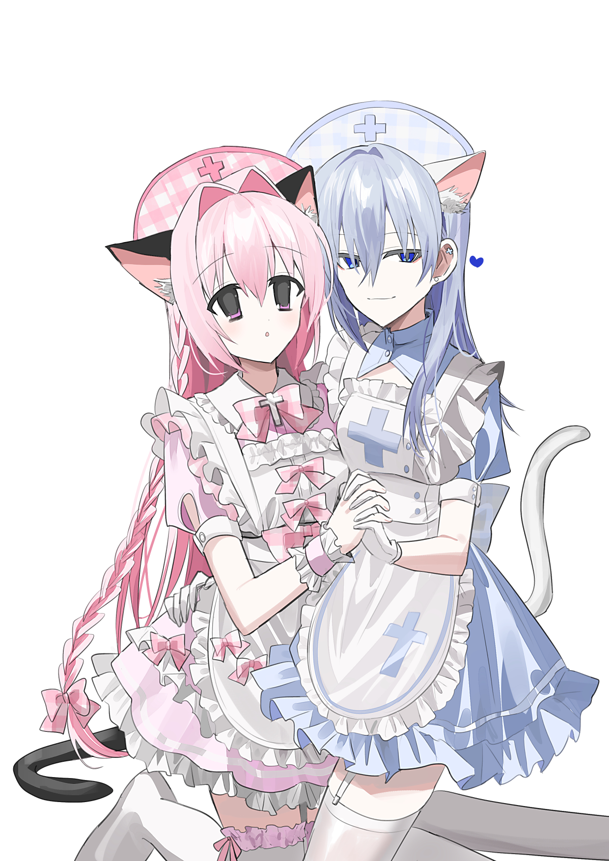 Safebooru - 2girls :o animal ear fluff animal ears apron blue dress blue eyes blue hair blue hat ...