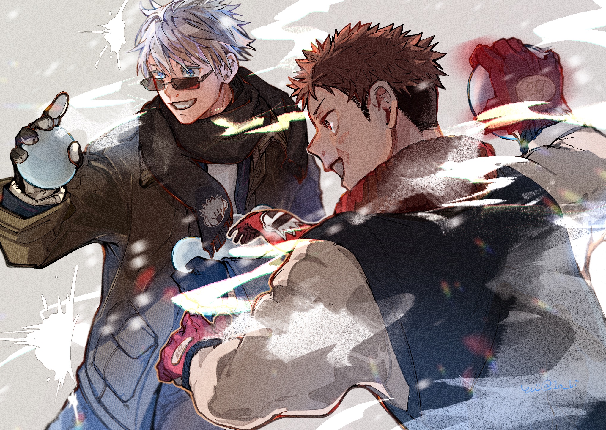 Safebooru - 2boys black scarf blue eyes brown coat brown hair character ...