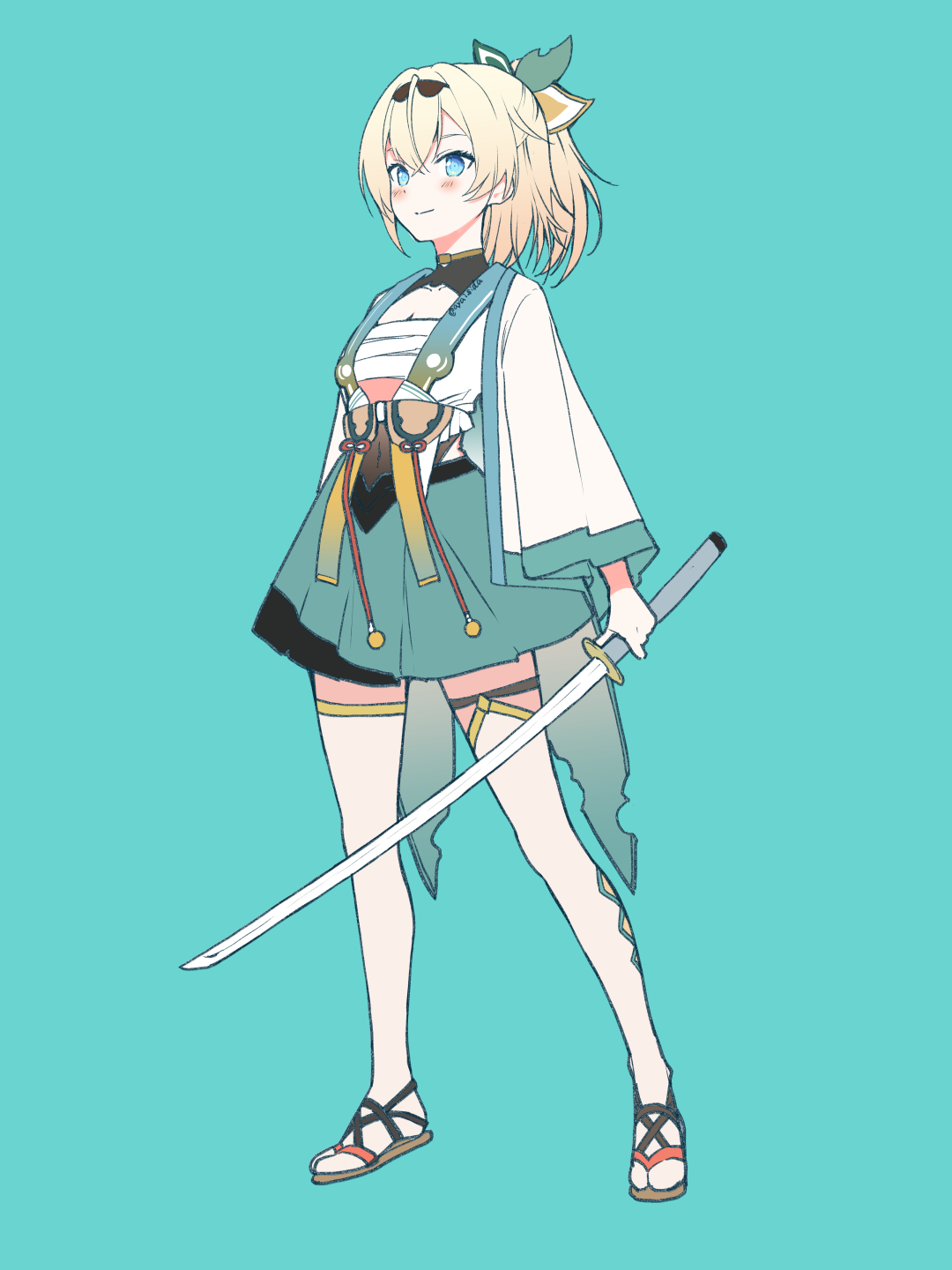 Safebooru - 1girl aqua background asymmetrical legwear blonde hair blue eyes blush bow chest ...