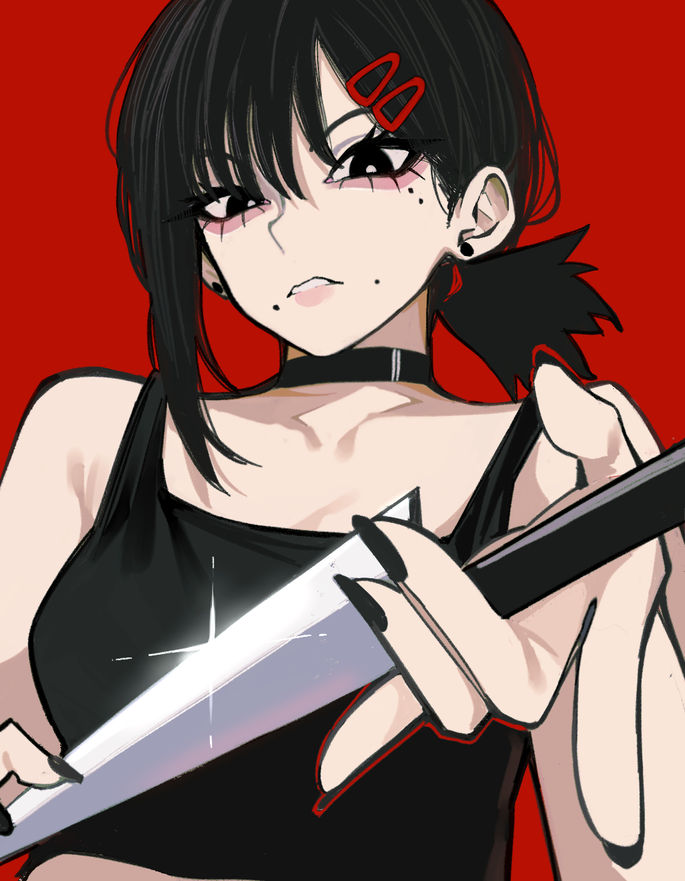 Safebooru - 1girl angry black choker black eyes black hair black nails black shirt chainsaw man ...