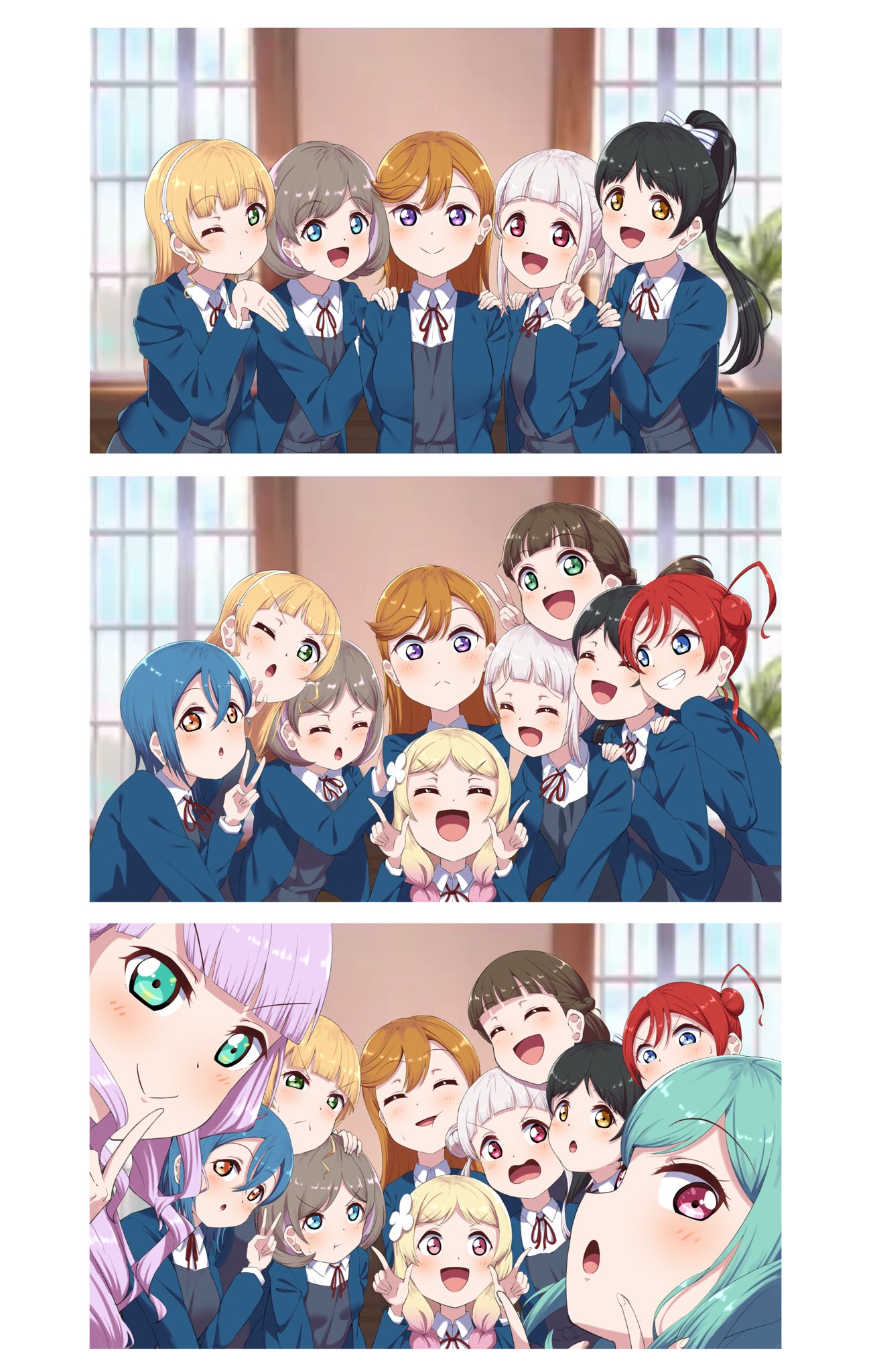 Safebooru - 6+girls arashi chisato black hair blonde hair blue eyes blue hair blue jacket blunt ...